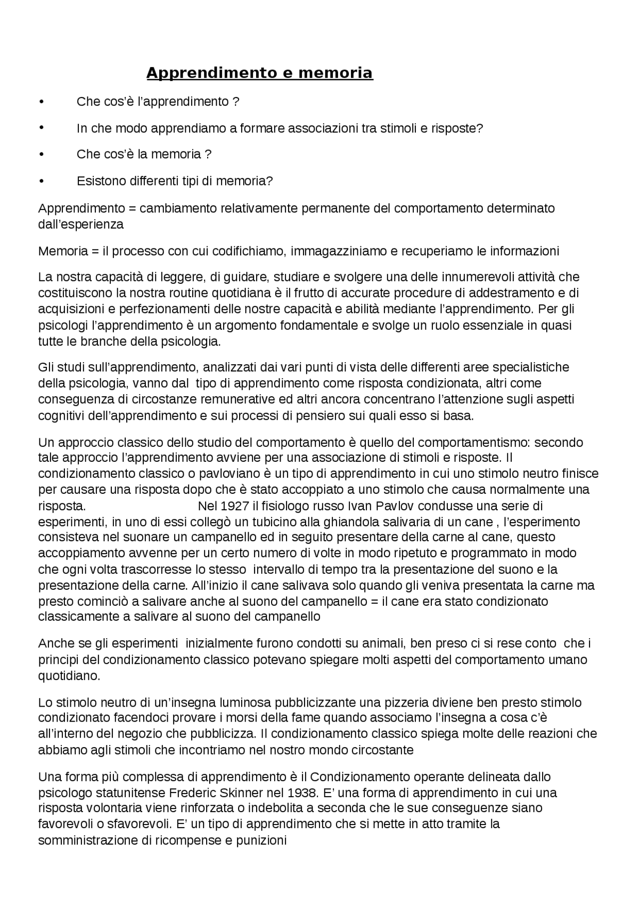 Apprendimento E Memoria Docsity