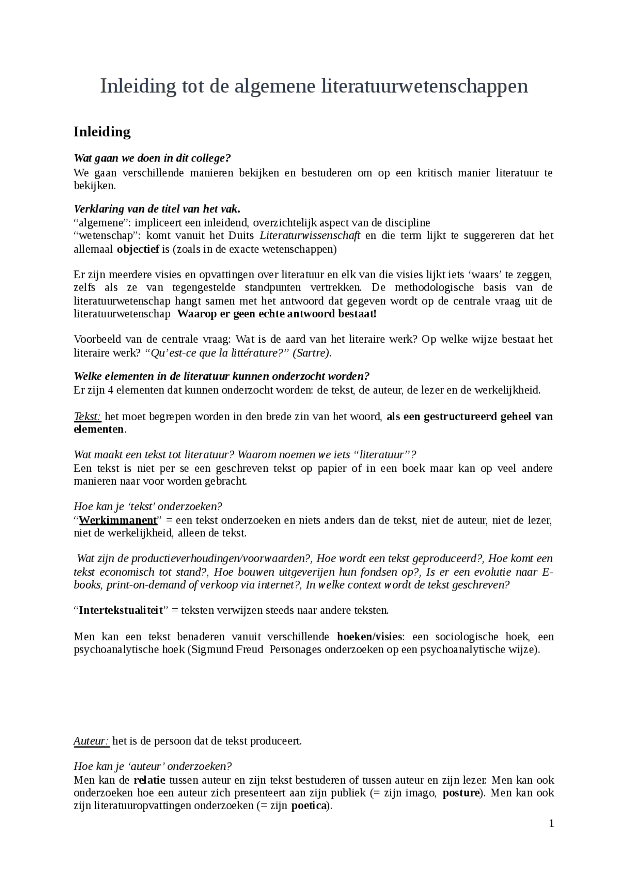 Inleiding tot de algemene literatuurwetenschappen | Study notes ...