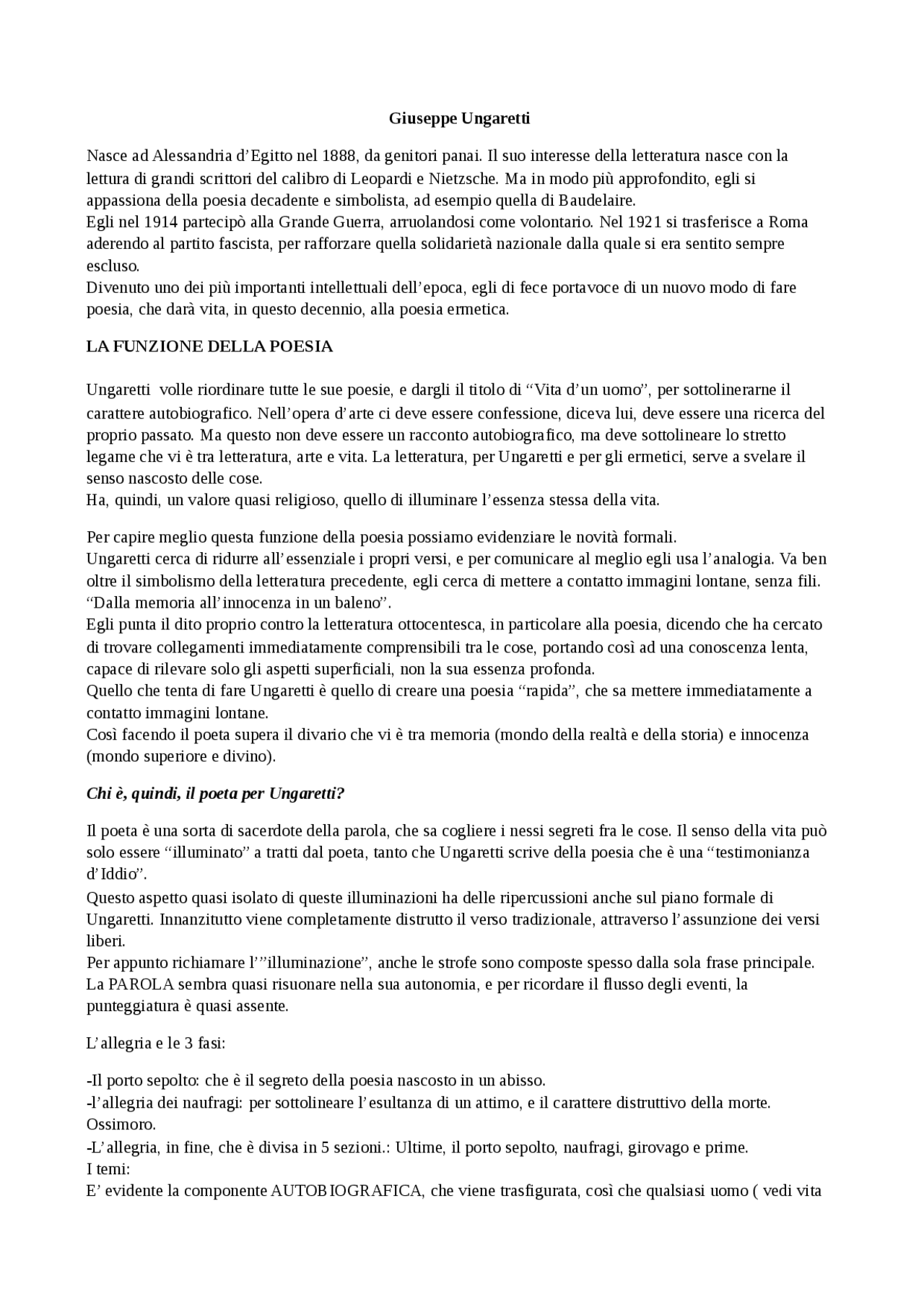 Riassunti Vita E Tematiche Ungaretti Docsity