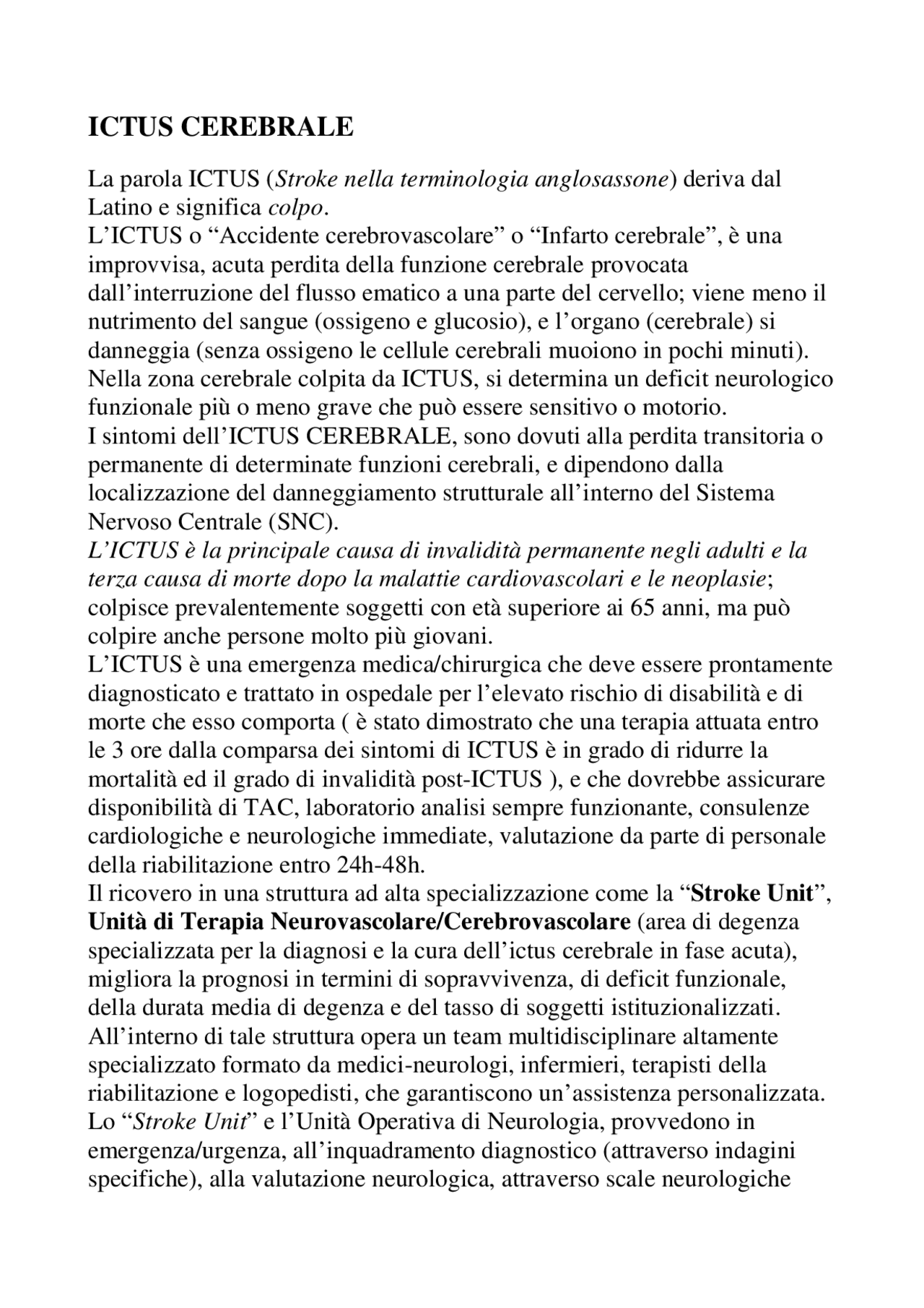 Ictus Cerebrale Ischemico E Emorragico Docsity