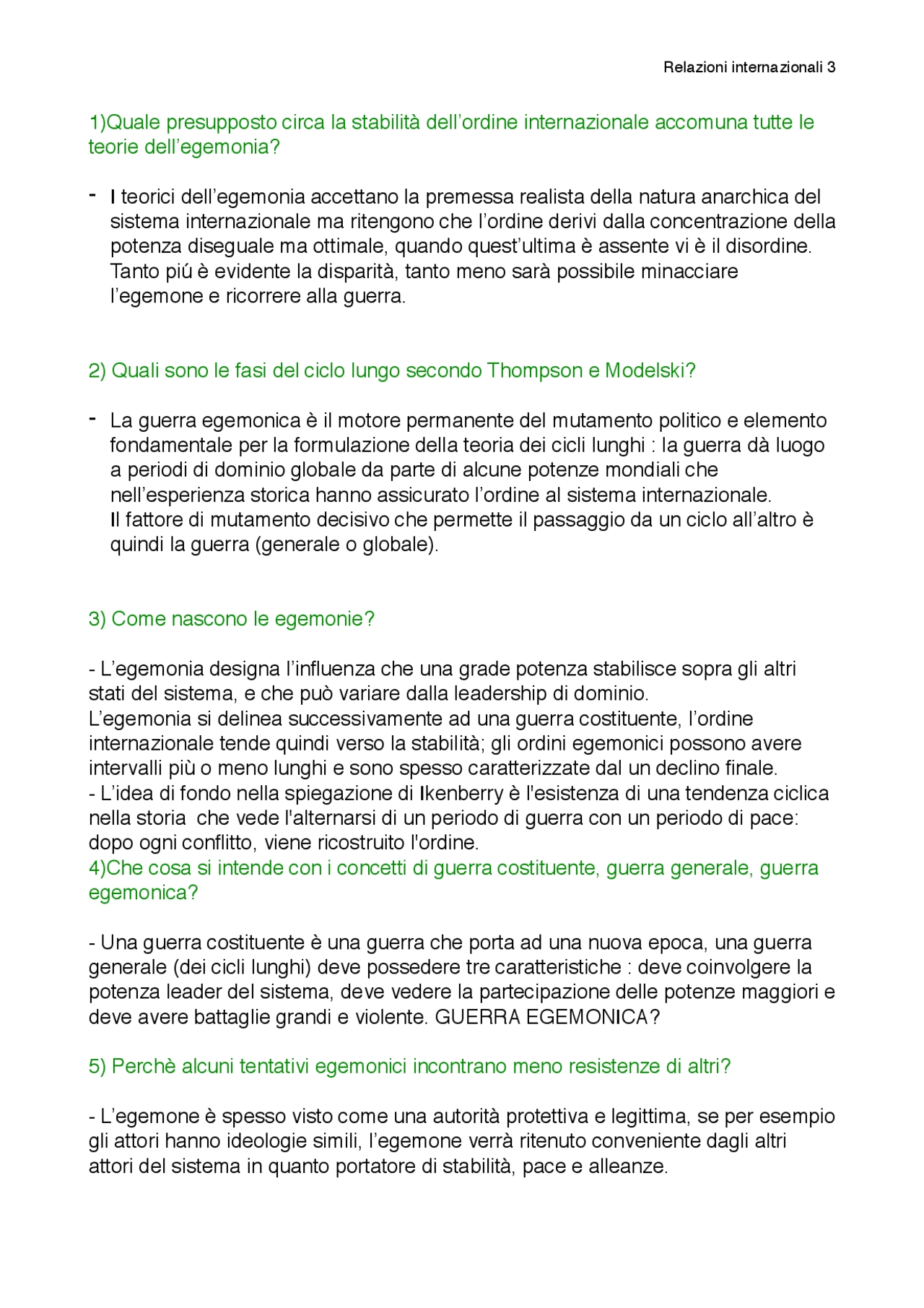 Relazioni Internazionali Domande E Risposte Terzo Capitolo Docsity