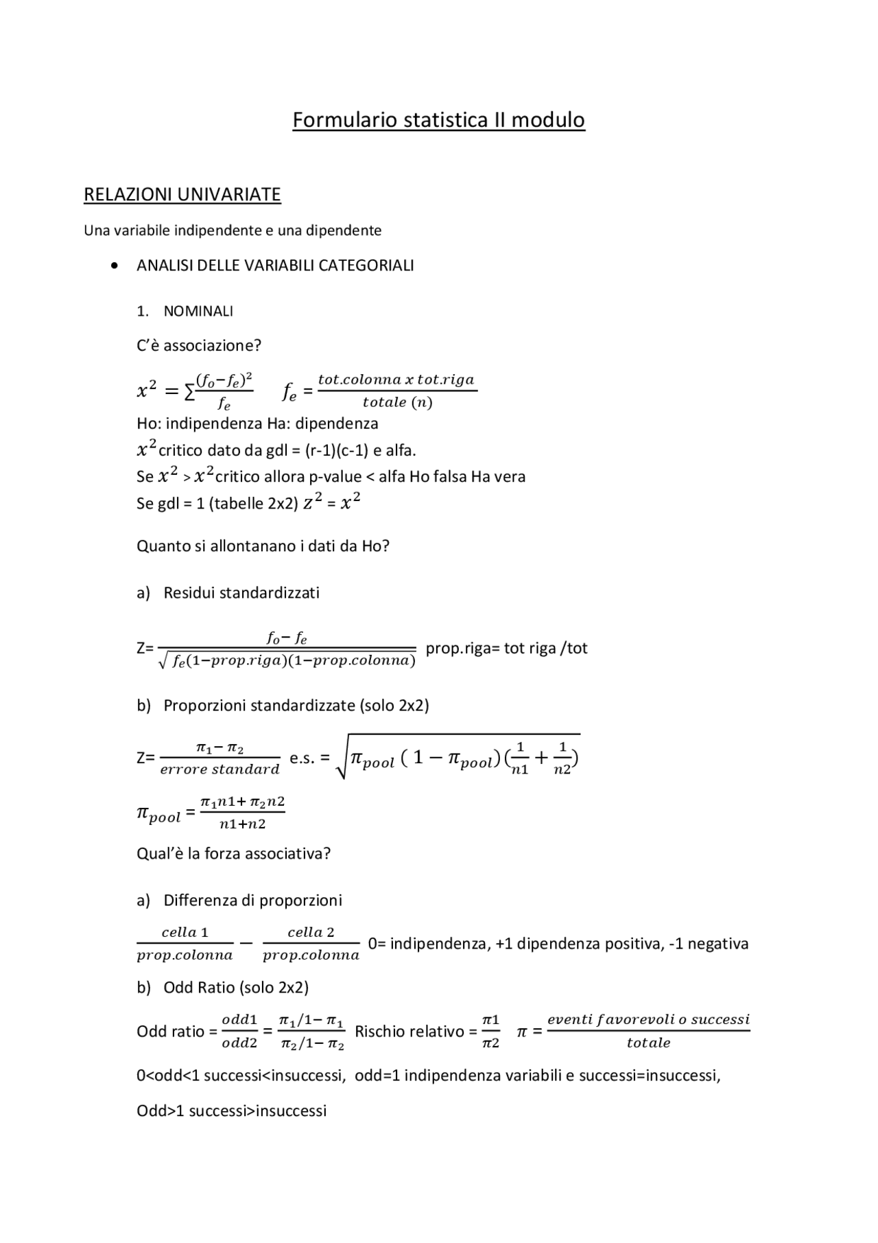Statistica e le sue formule dell'università di Firenze del professore Bruno Bertaccini ...