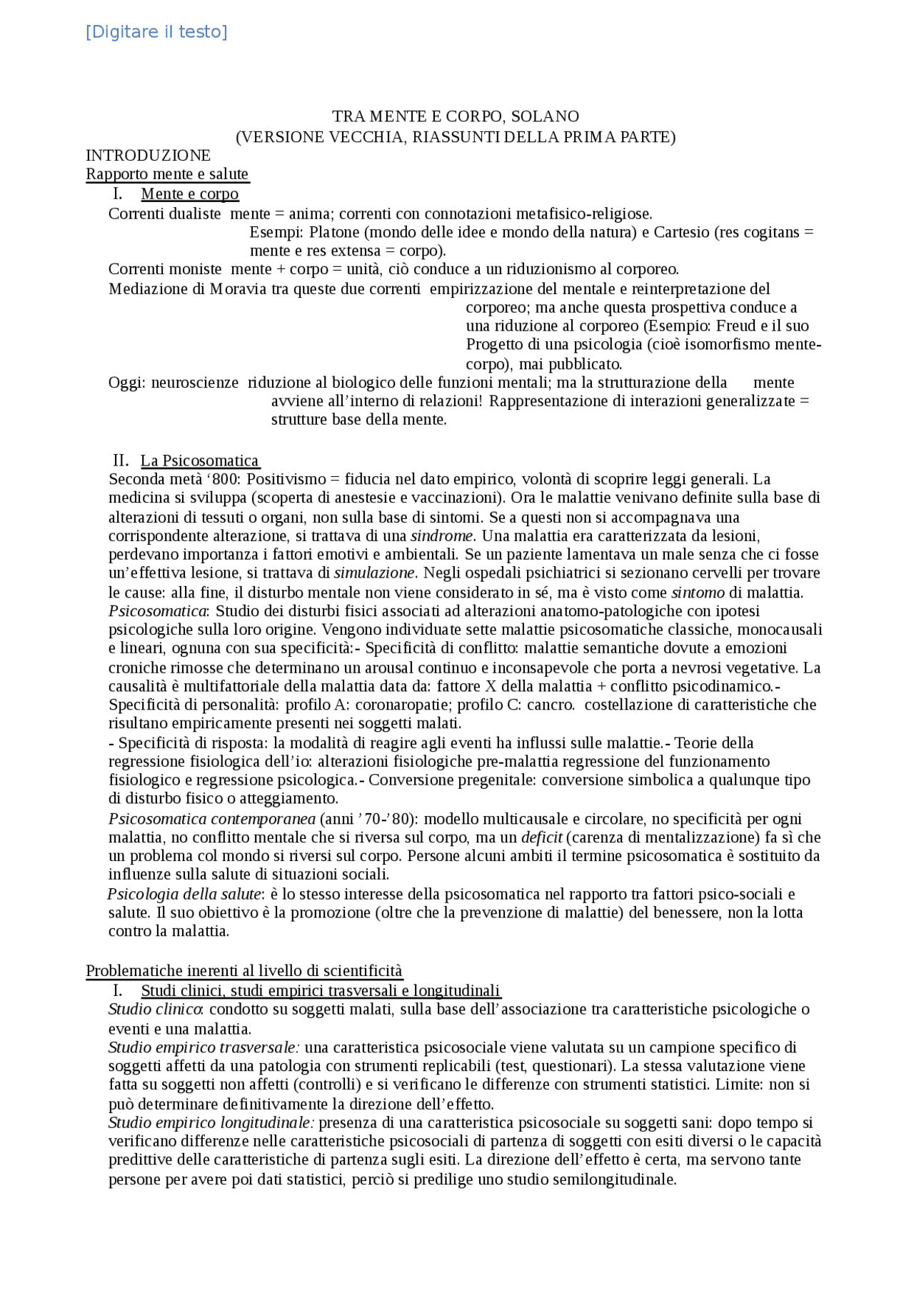 Riassunto Tra Mente E Corpo Solano Docsity