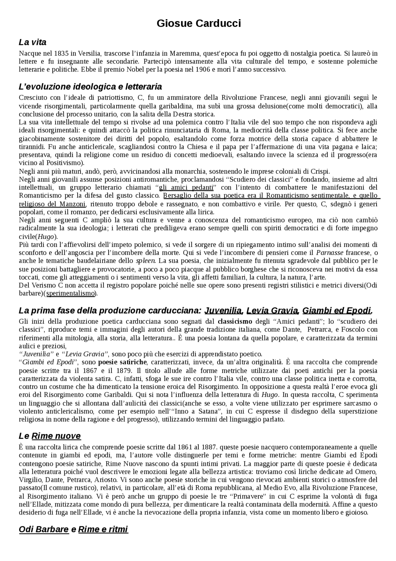 Utili Appunti Su Giosuè Carducci Docsity