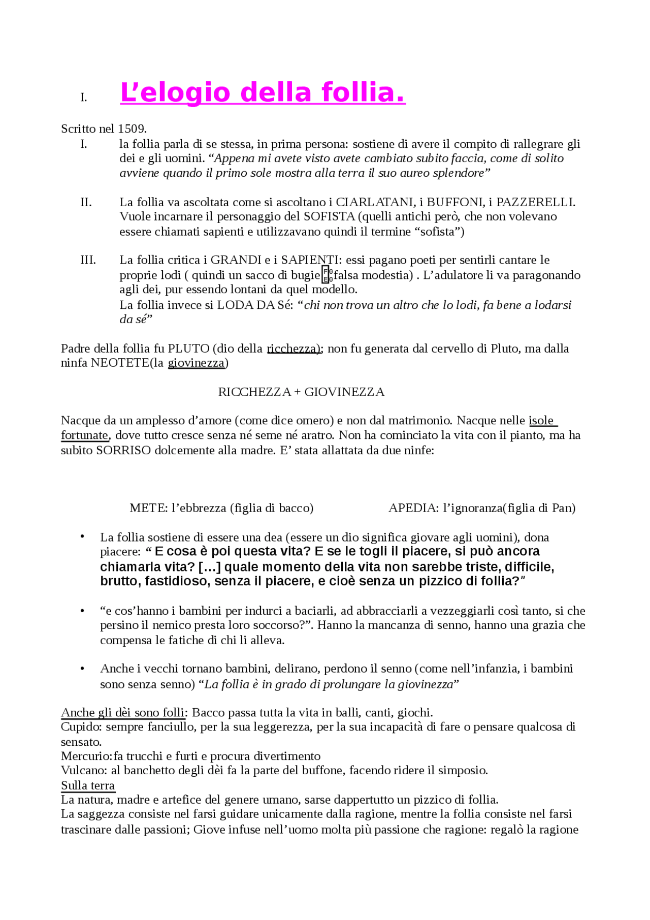 Elogio Alla Follia Schema Appunti Di Letteratura Docsity