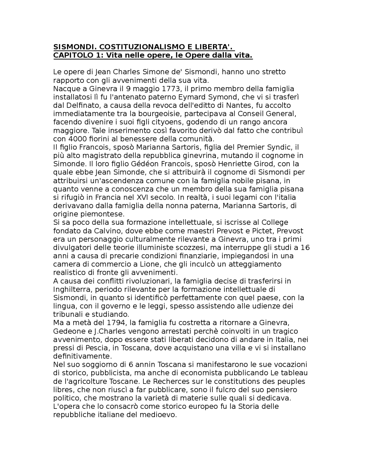 Sismondi 'Costituzionalismo e libertà' - Docsity