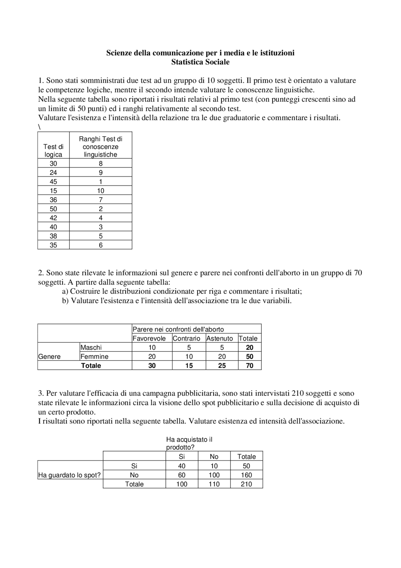 Esercizi Statistica Sociale Prove Desame Di Statica Docsity