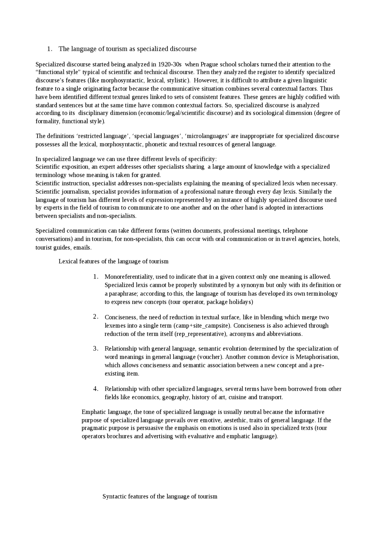 The Language Of Tourism As Specialized Discourse Docsity