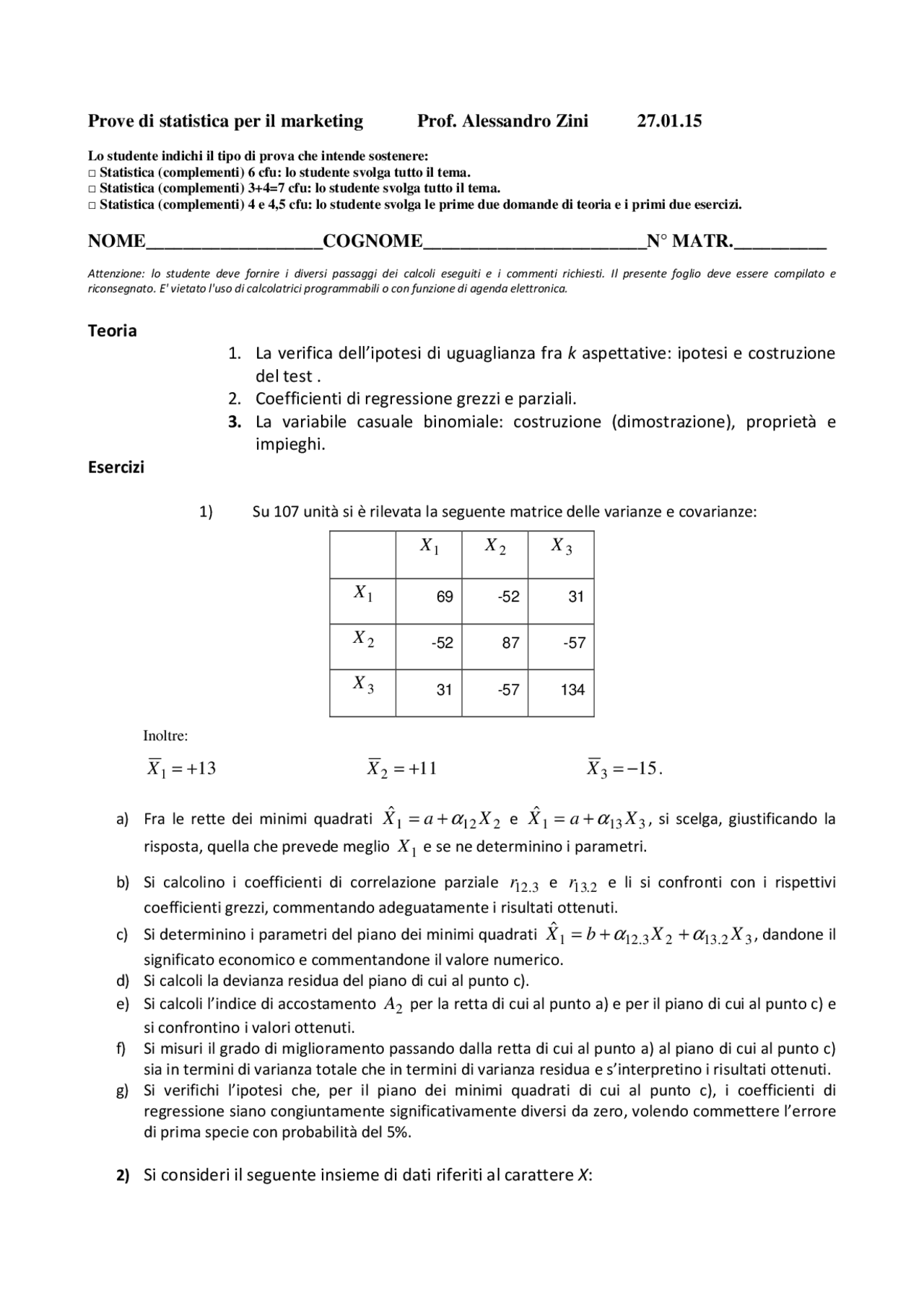 TEMI D'ESAME STATISTICA COMPLEMENTI - Docsity