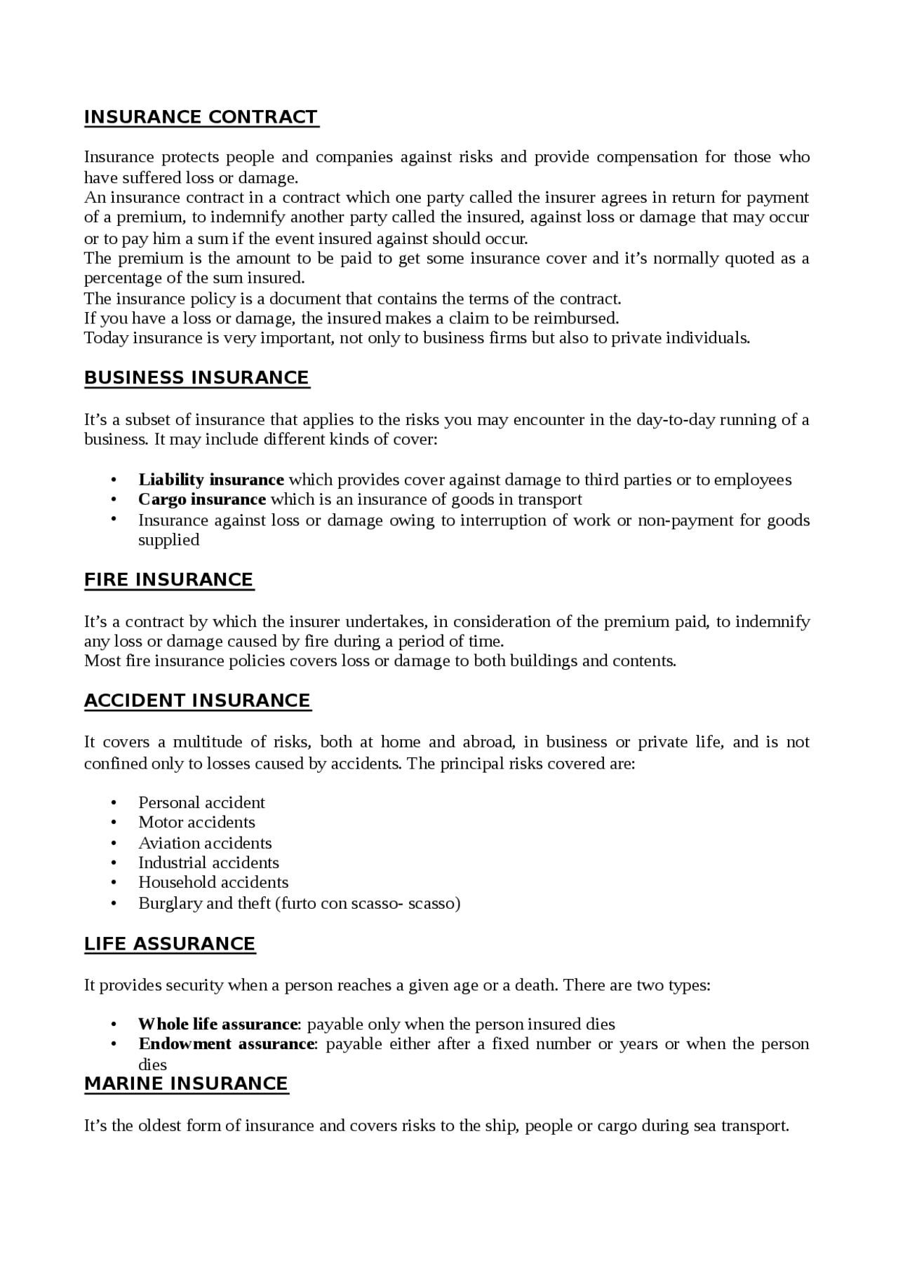 Tipologie Di Assicurazioni Riassunti Di Inglese Docsity
