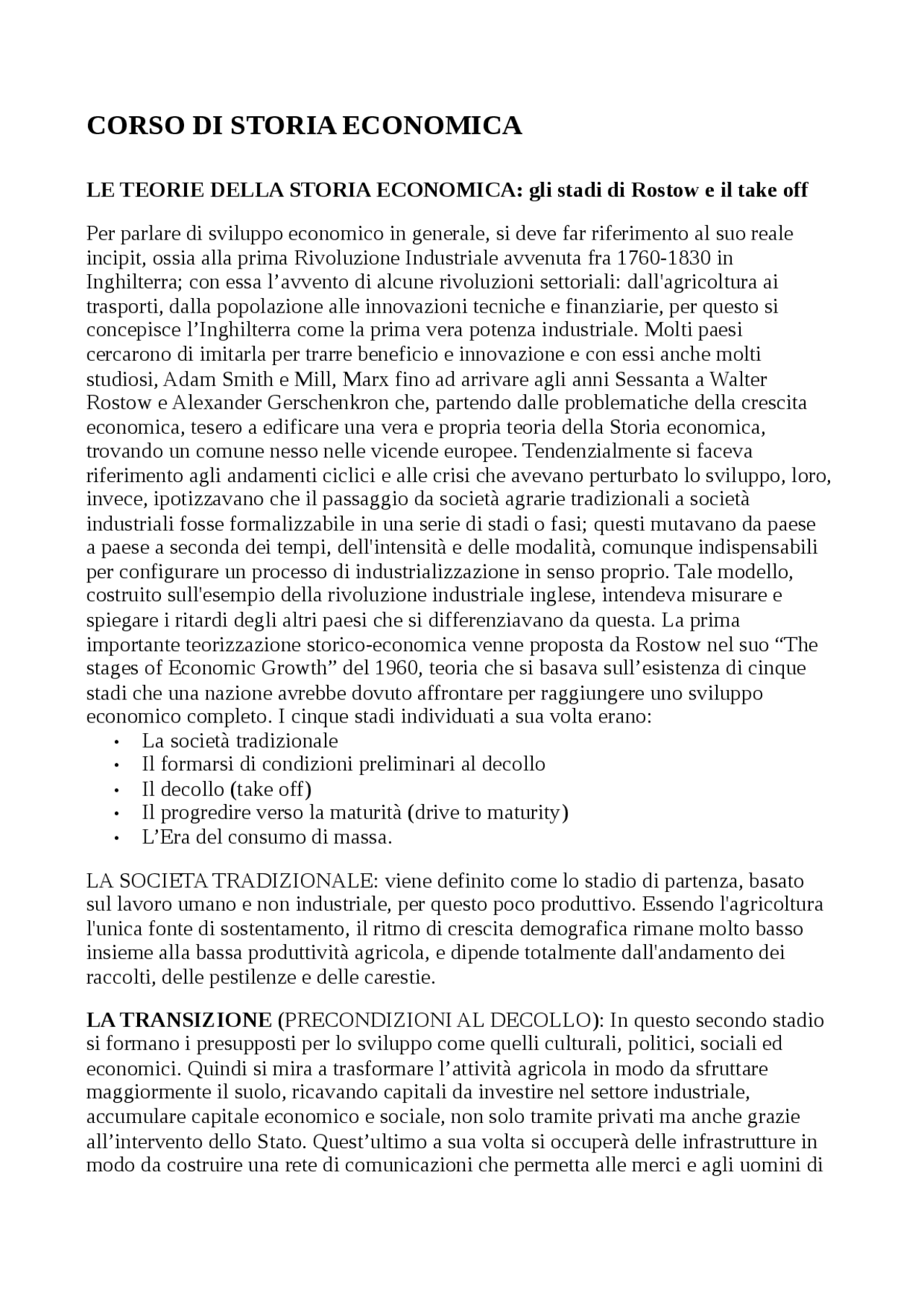 gli stadi di Rostow e il Take off | Appunti di Storia Economica | Docsity