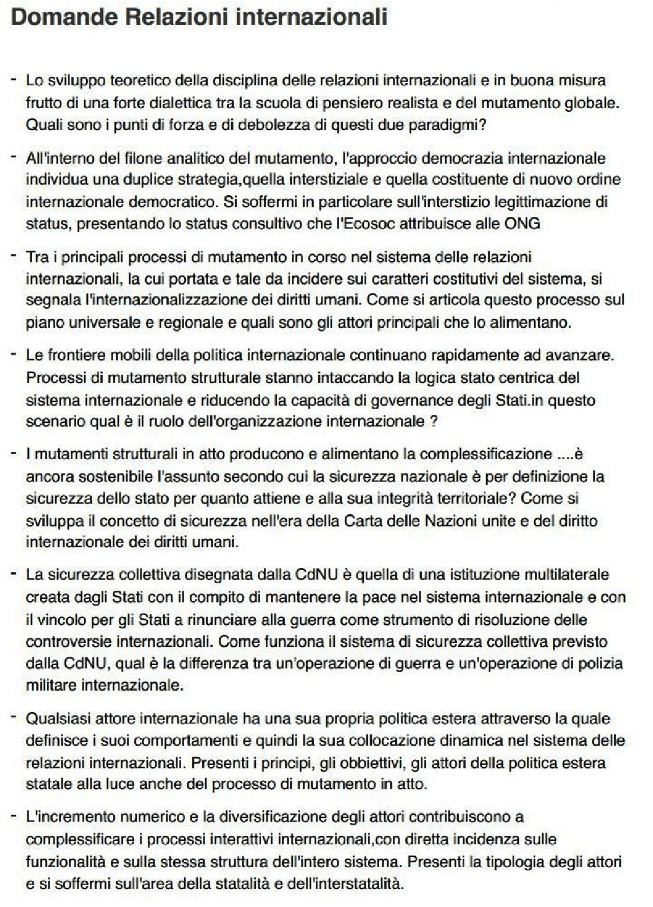 Domande Esame Relazioni Internazionali Prof M Mascia Docsity
