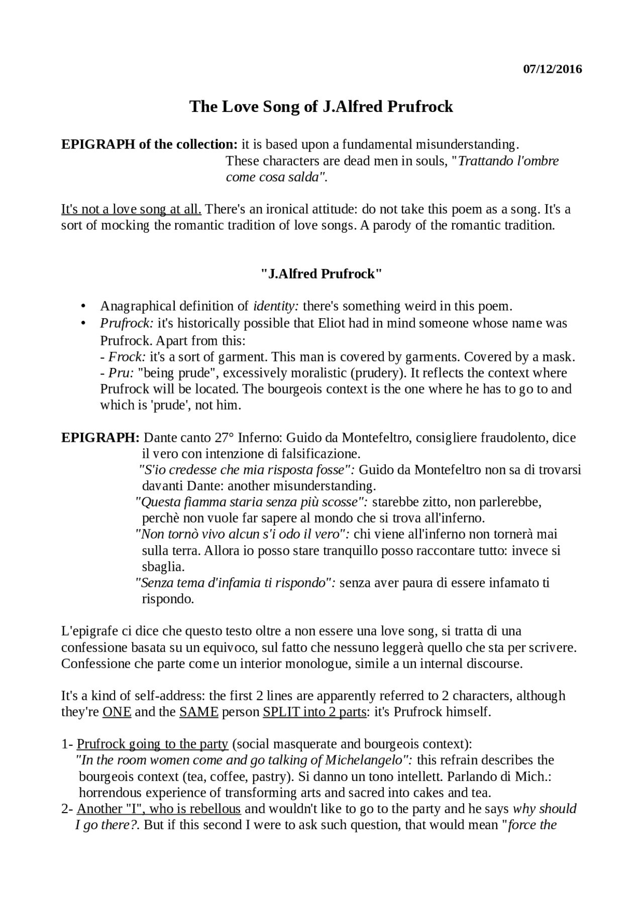 Analisi di "The Love song of J.Alfred Prufrock" - Docsity