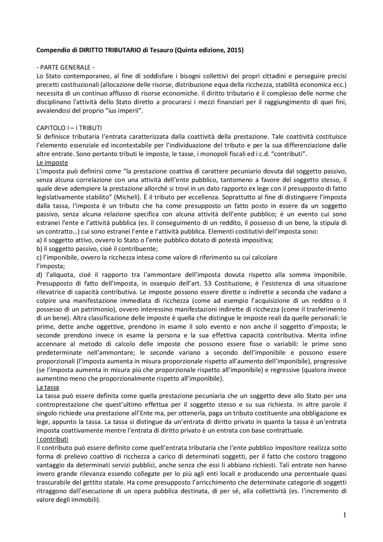 Riassunto Compendio Diritto Tributario Tesauro Docsity