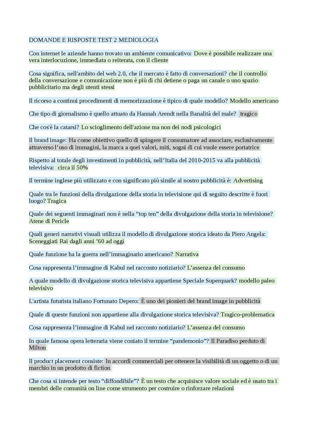 Domande E Risposte Test 2 Mediologia Ragone Prove Desame Di