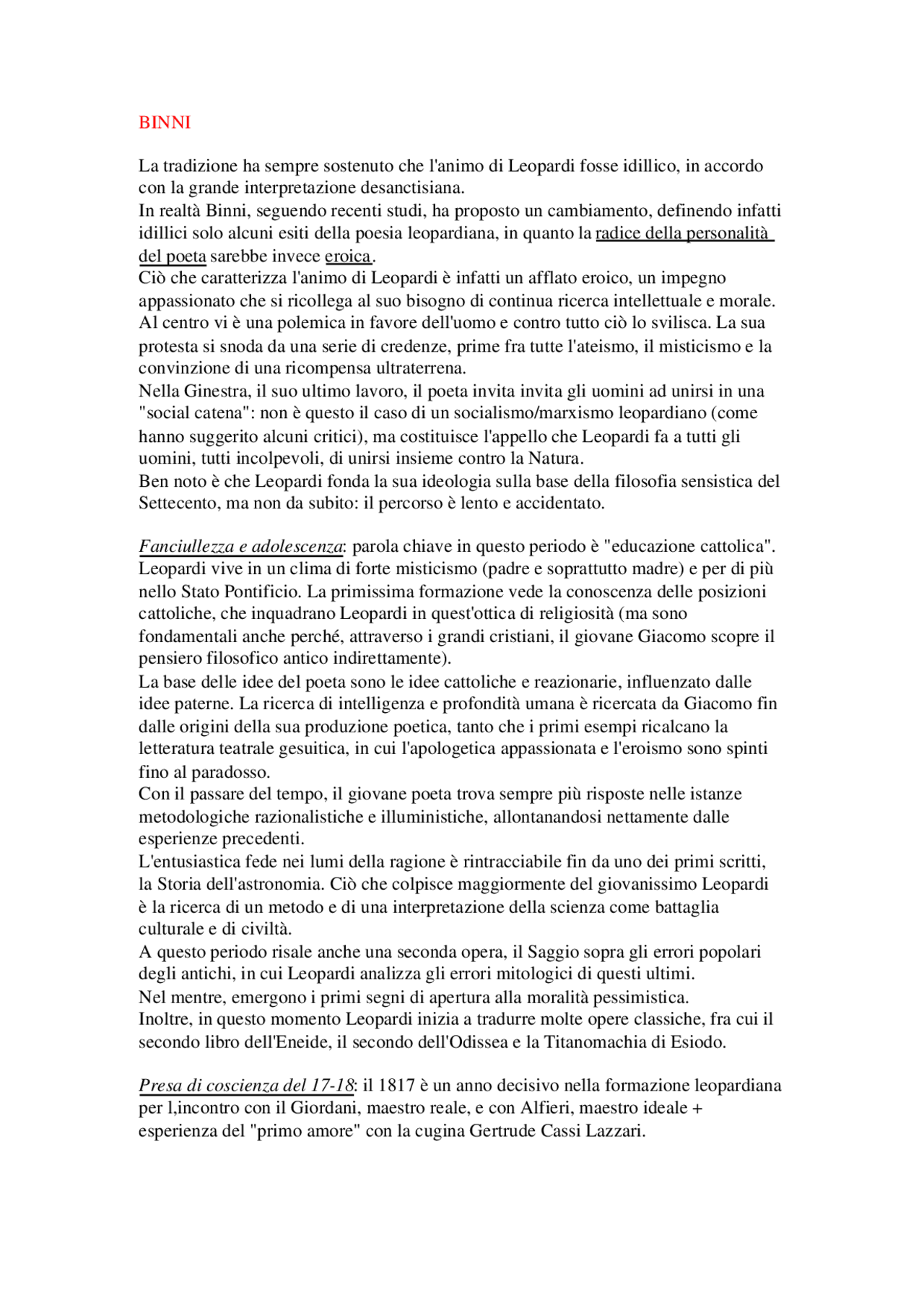 Riassunto Del Saggio Di Binni Docsity