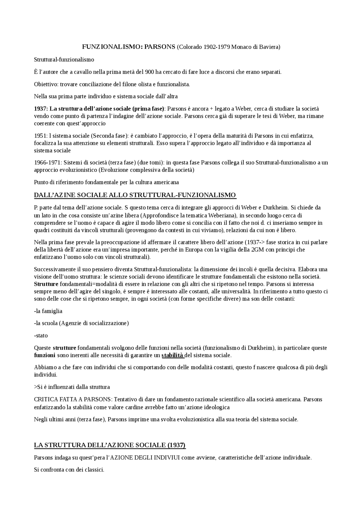 Parsons Il Funzionalismo Docsity