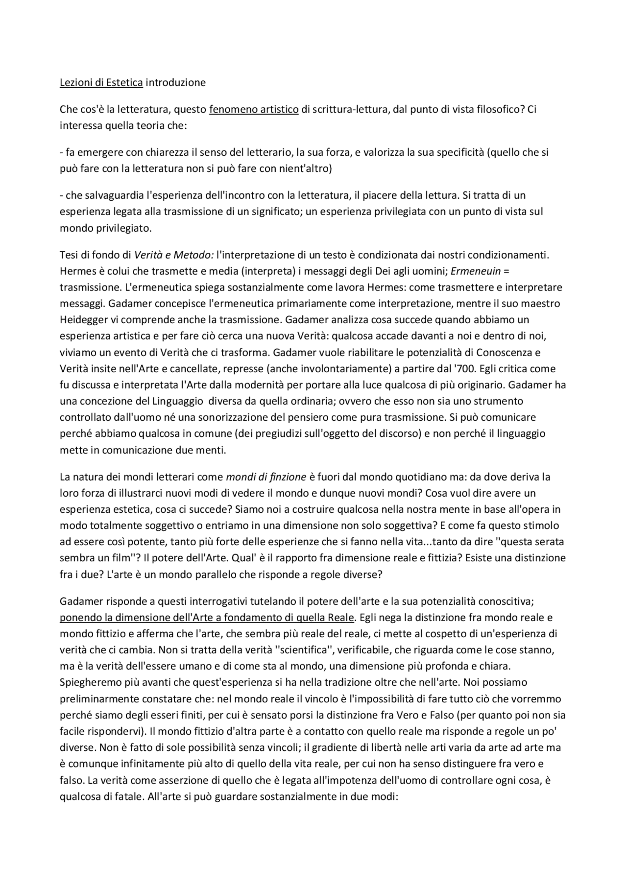 Gadamer Verita E Metodo Appunti Di Estetica Docsity