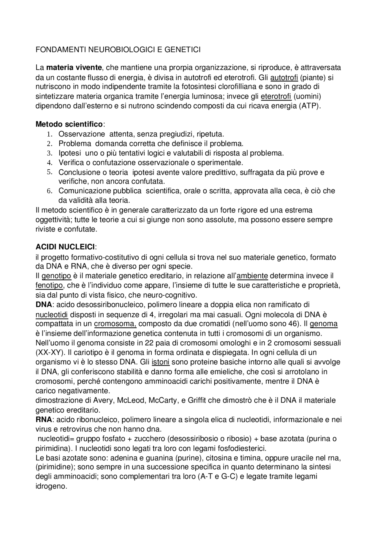 Schemi Esame Fondamenti Genetici E Neurobiologici Dispense Di