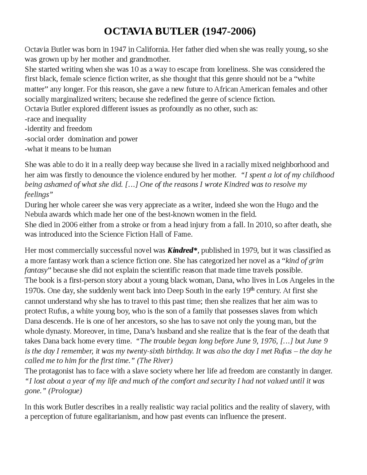 Afrofuturism - Octavia Butler - Docsity