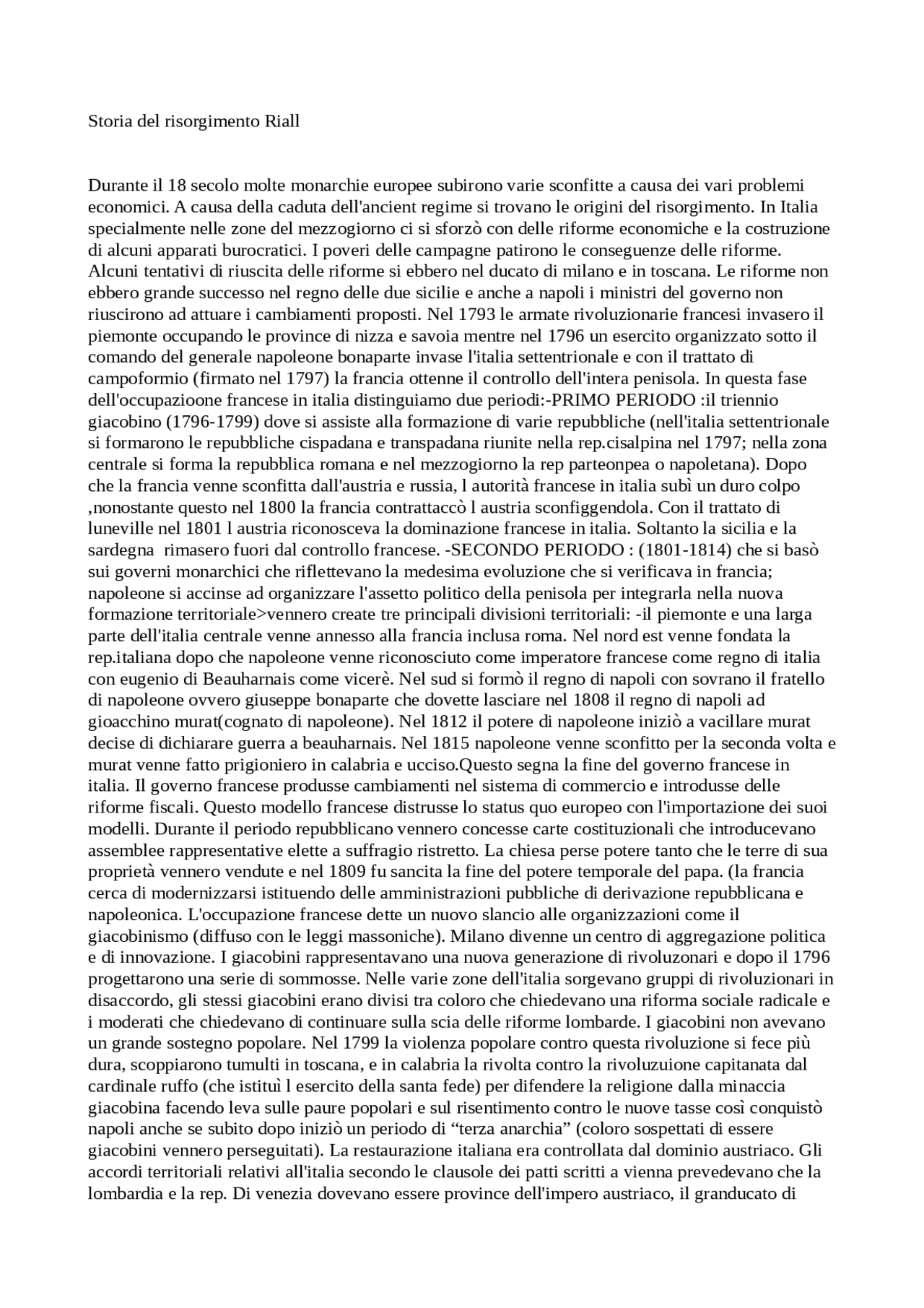 Storia del Risorgimento - Docsity