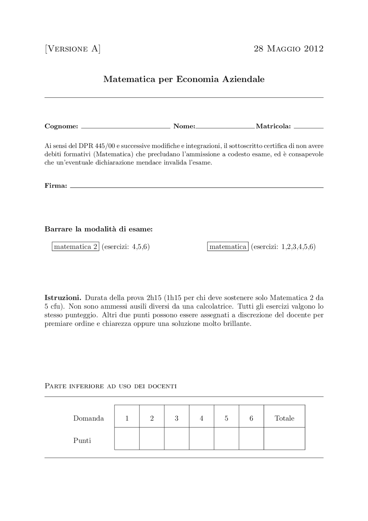 Esame Di Matematica Prove Desame Di Matematica Generale Docsity
