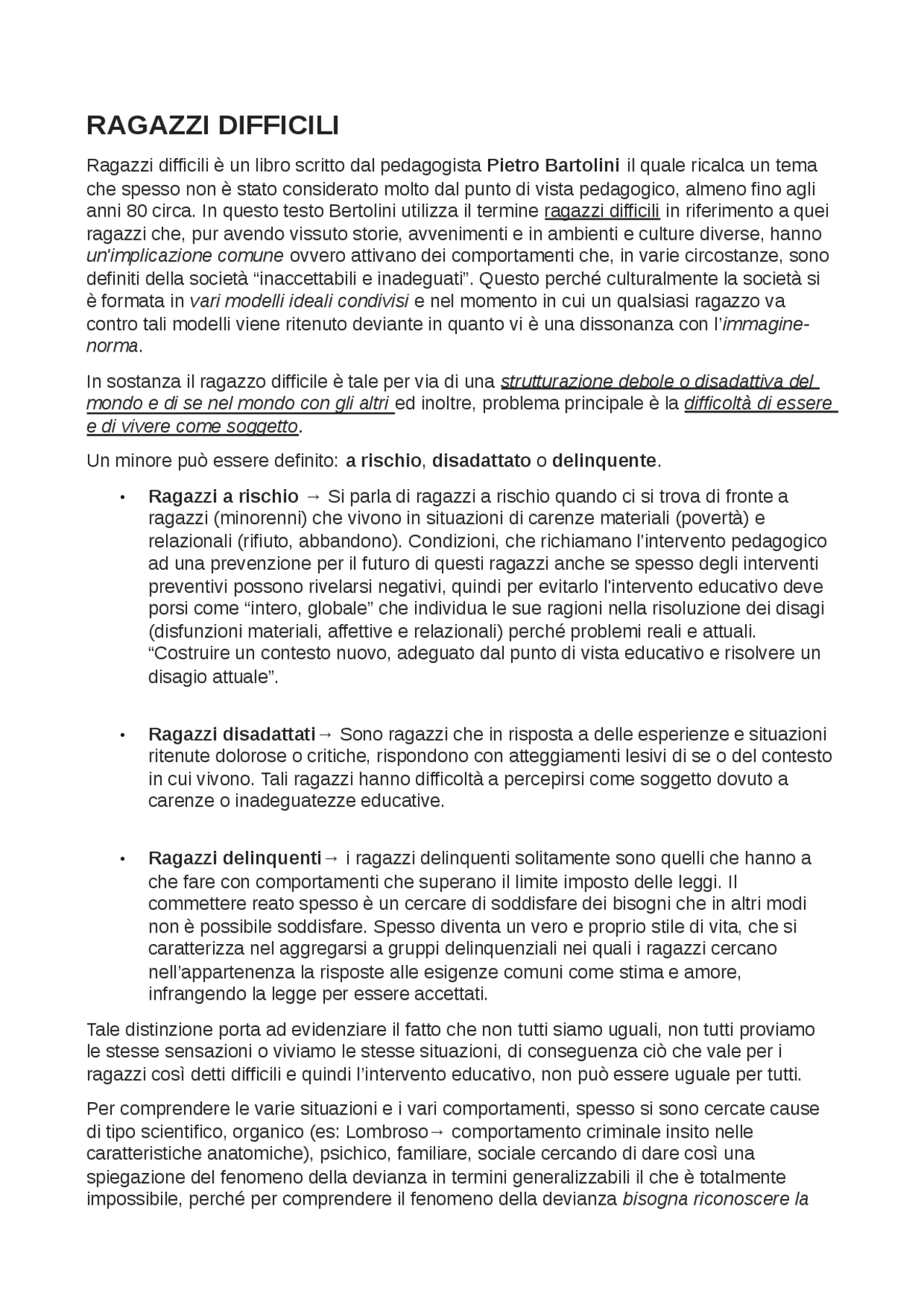 Ragazzi Difficili Bertolini Docsity