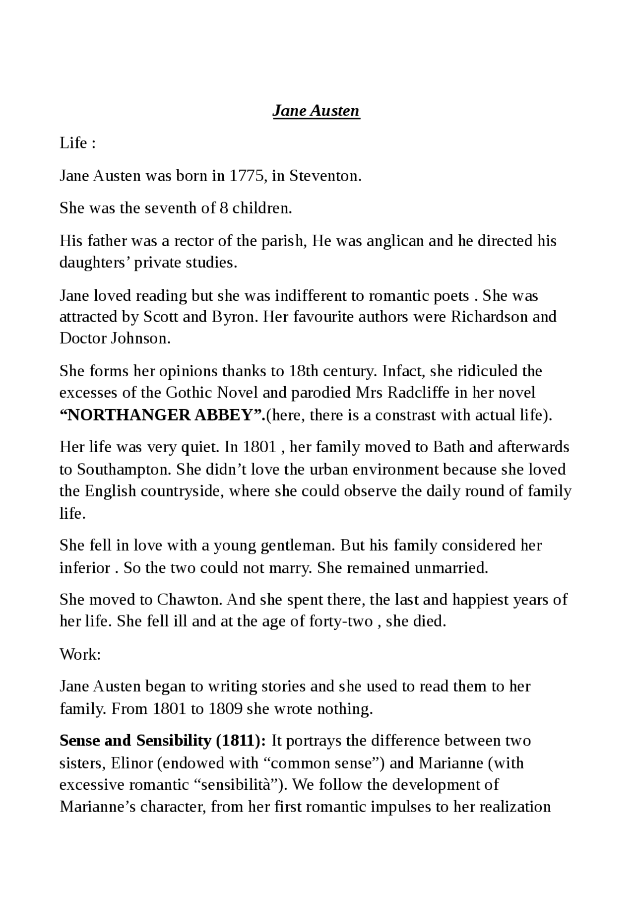 Riassunto: Jane Austen, her life and her works - Docsity