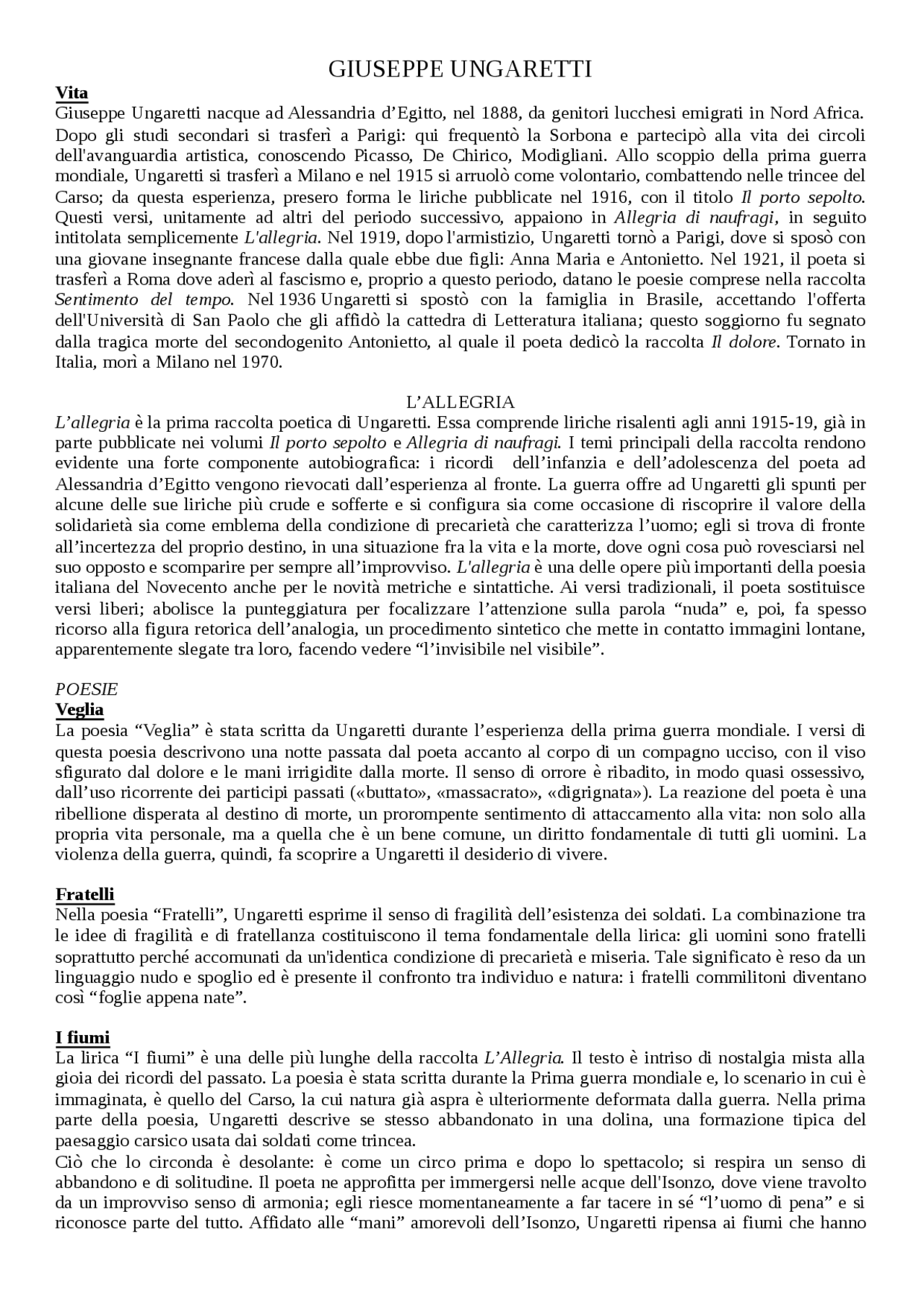 Giuseppe Ungaretti La Vita E Le Opere Docsity