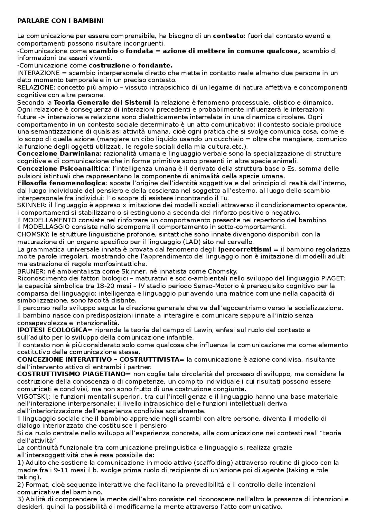Riassunto Parlare Con I Bambini Docsity