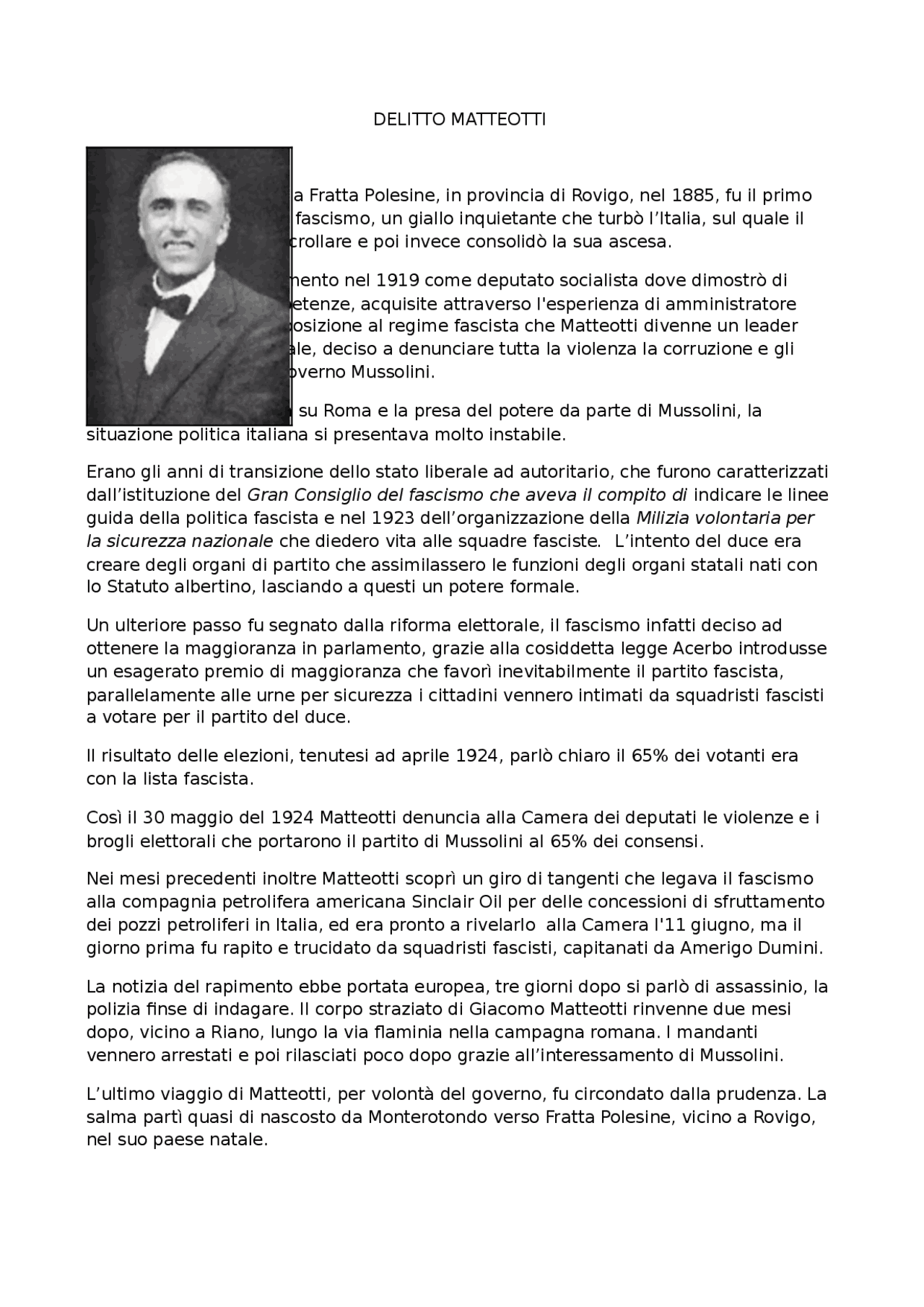 Giacomo Matteotti, delitto - Docsity