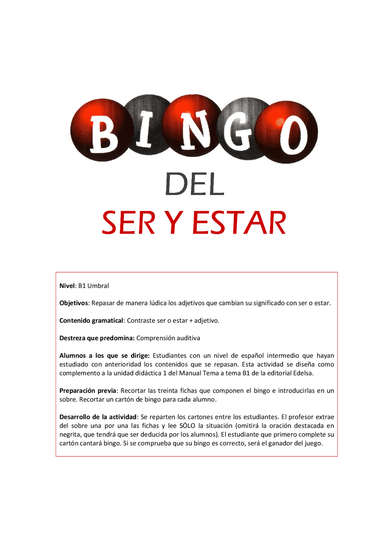 Bingo del Ser y Estar | Ejercicios de Idioma Español | Docsity