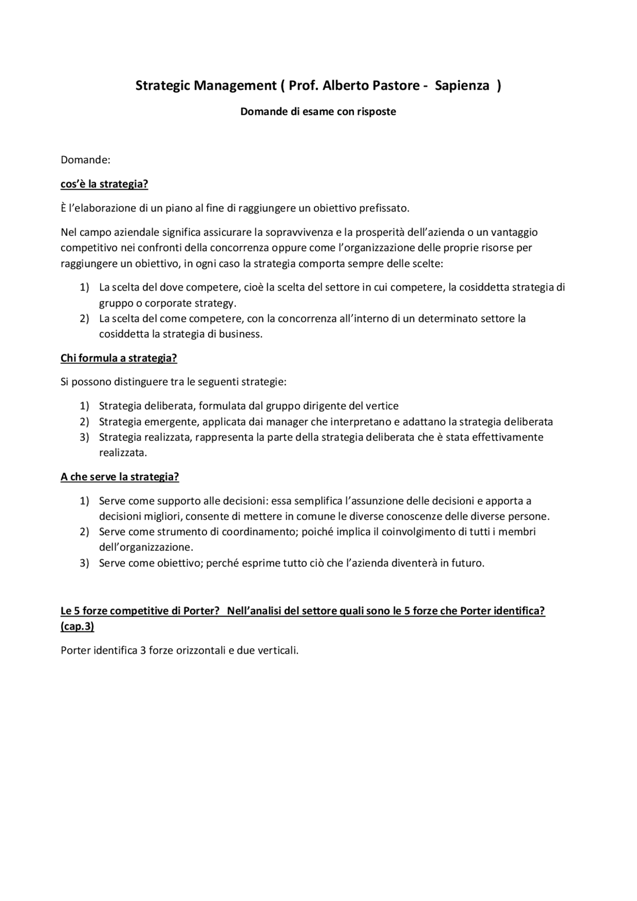 Domande Risposte - Strategic Management - alberto pastore - Sapienza | Prove d'esame di ...