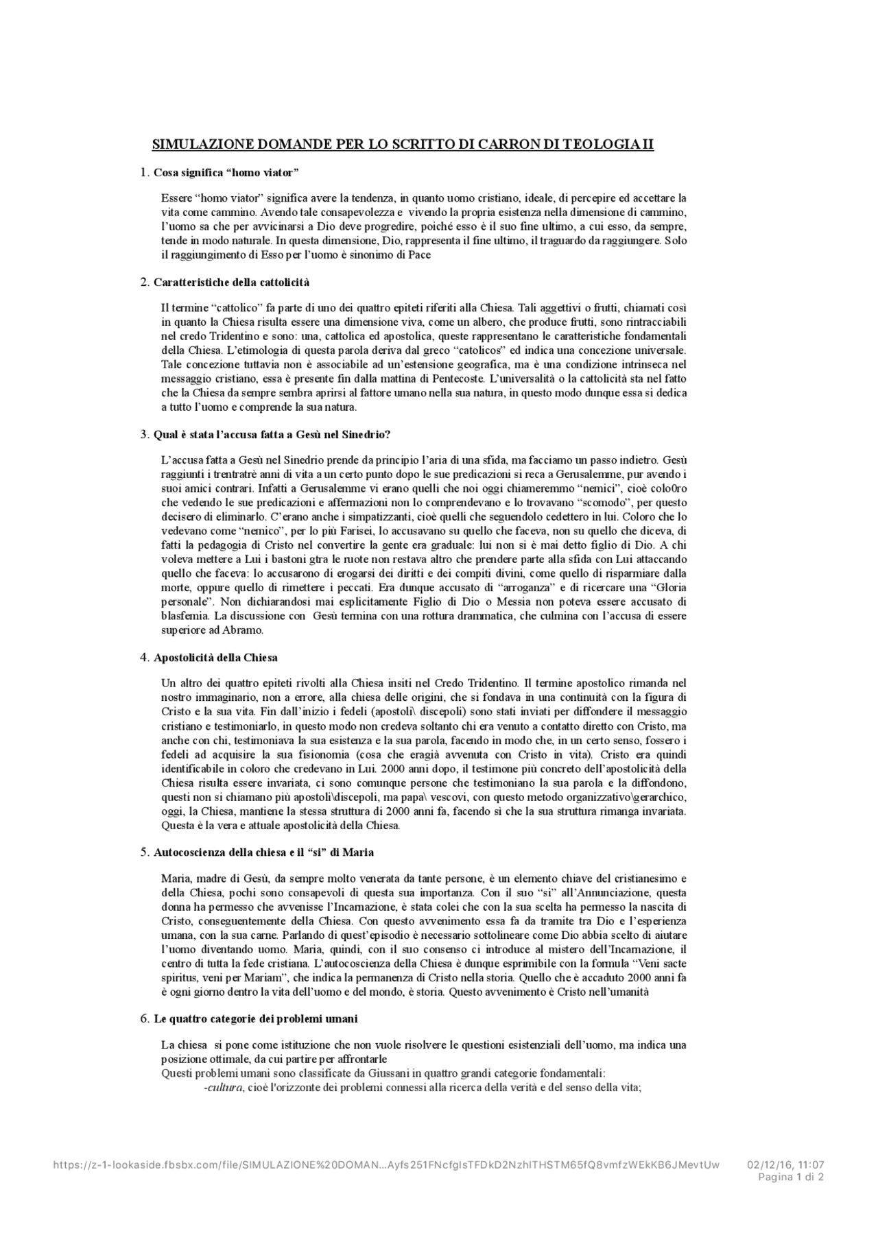 Simulazione Domande Per Lo Scritto Di Teologia Carron Docsity