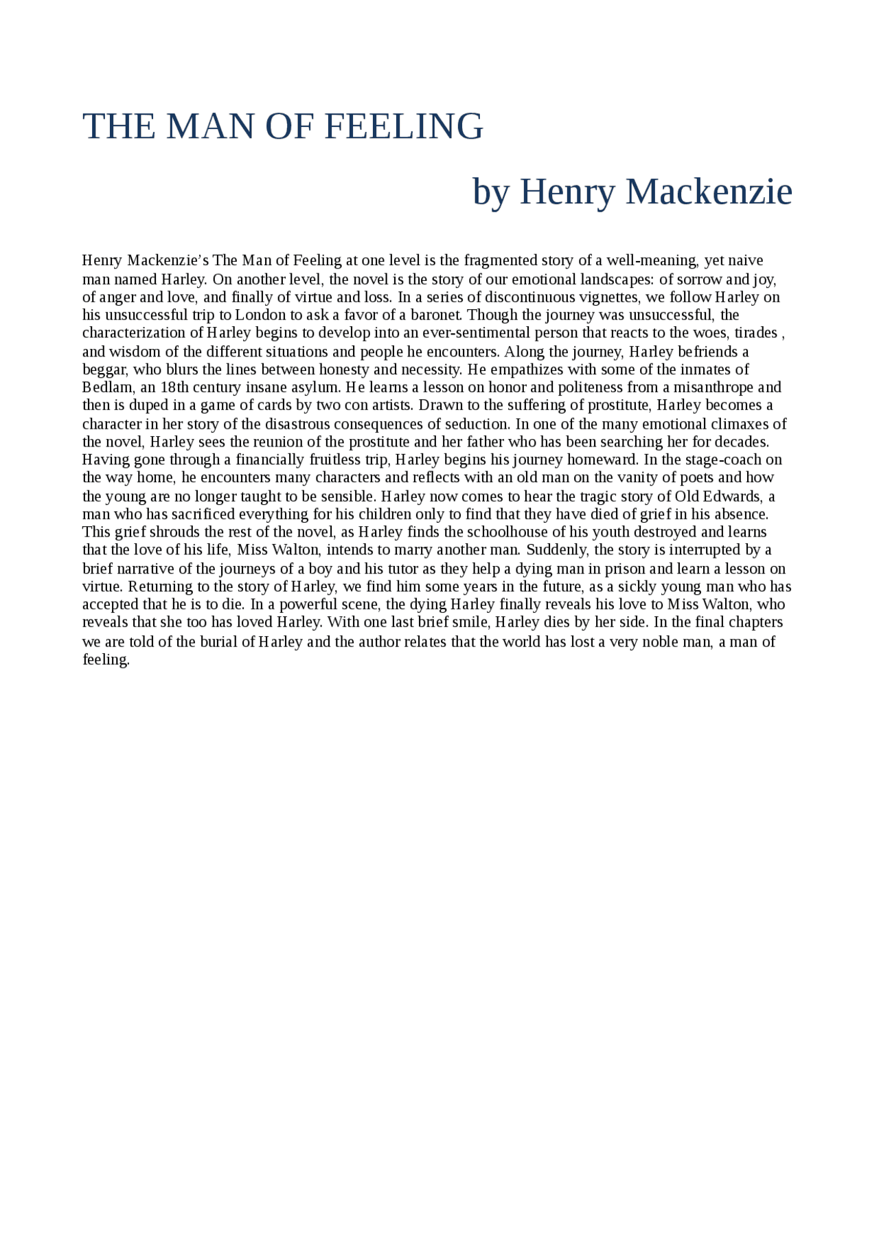 THE MAN OF FEELING summary - Docsity