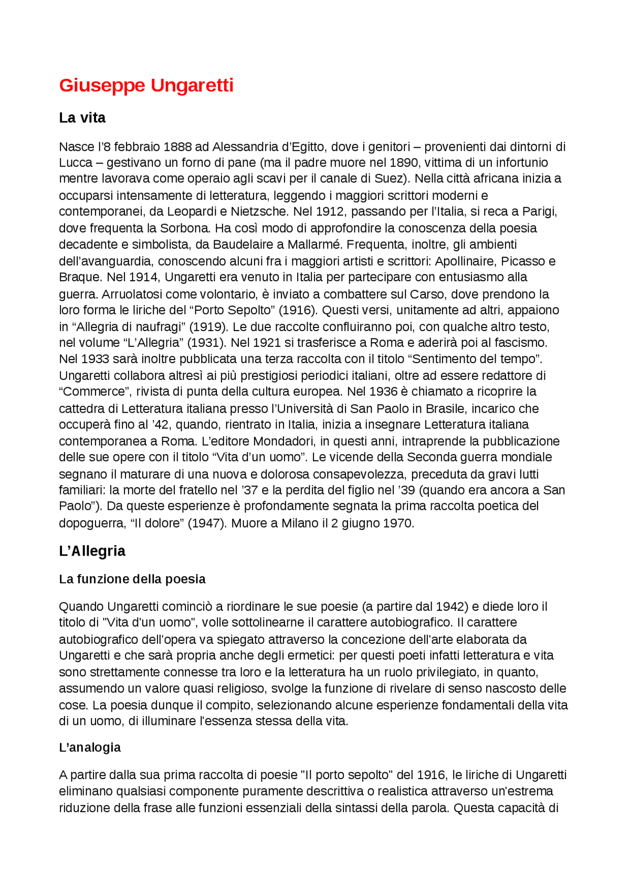 Vita E Opere Di Giuseppe Ungaretti Docsity
