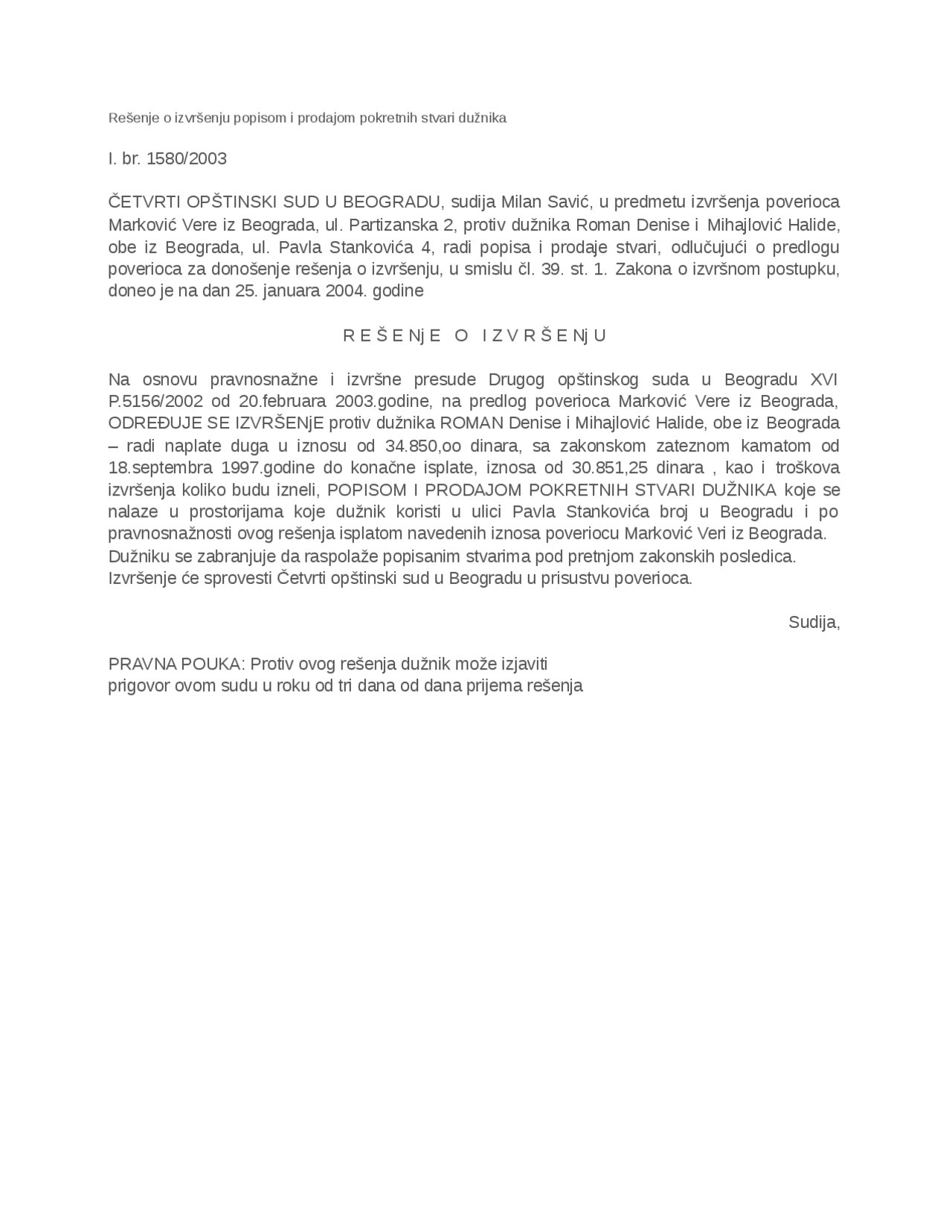 Resenje o izvrsenju popisom i prodajom | Skripte' predlog Pravo | Docsity