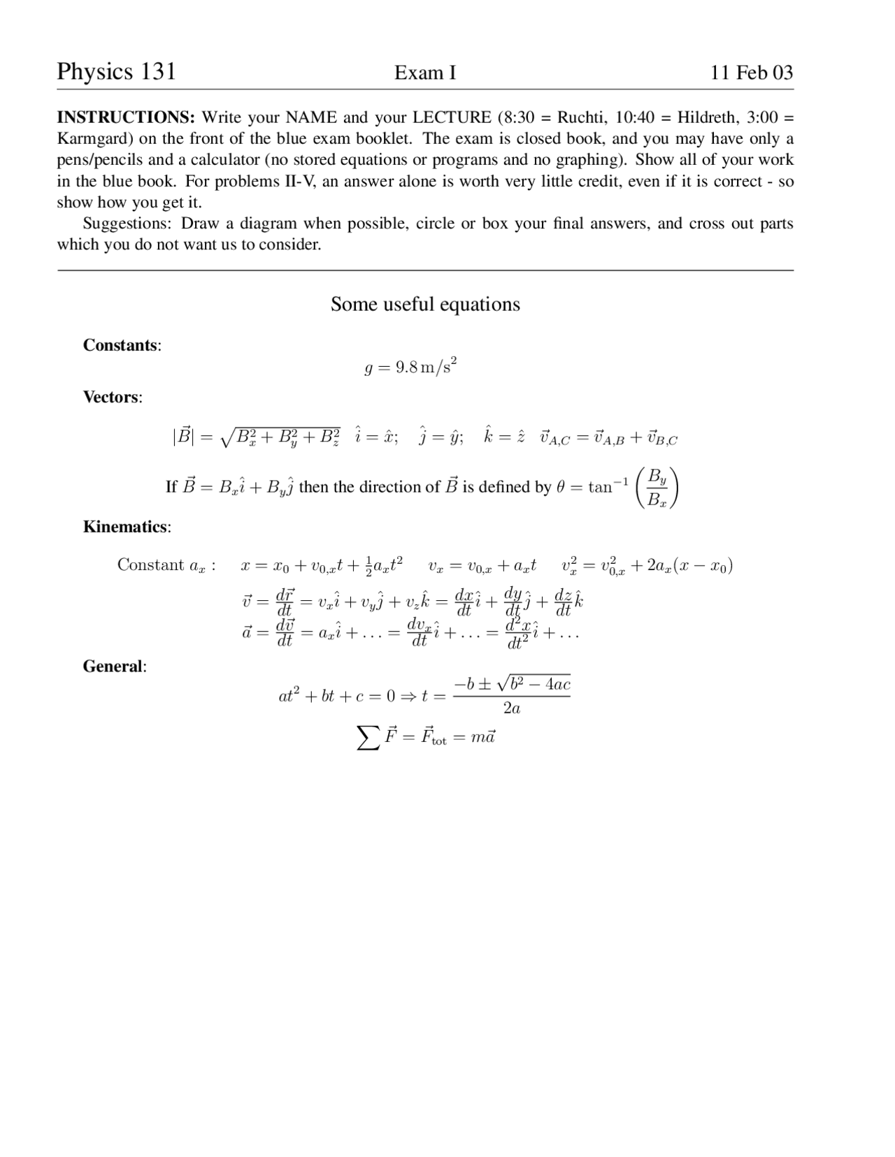 General Physics I Exam 1 Questions Fall 2003 Phys 10310 Docsity