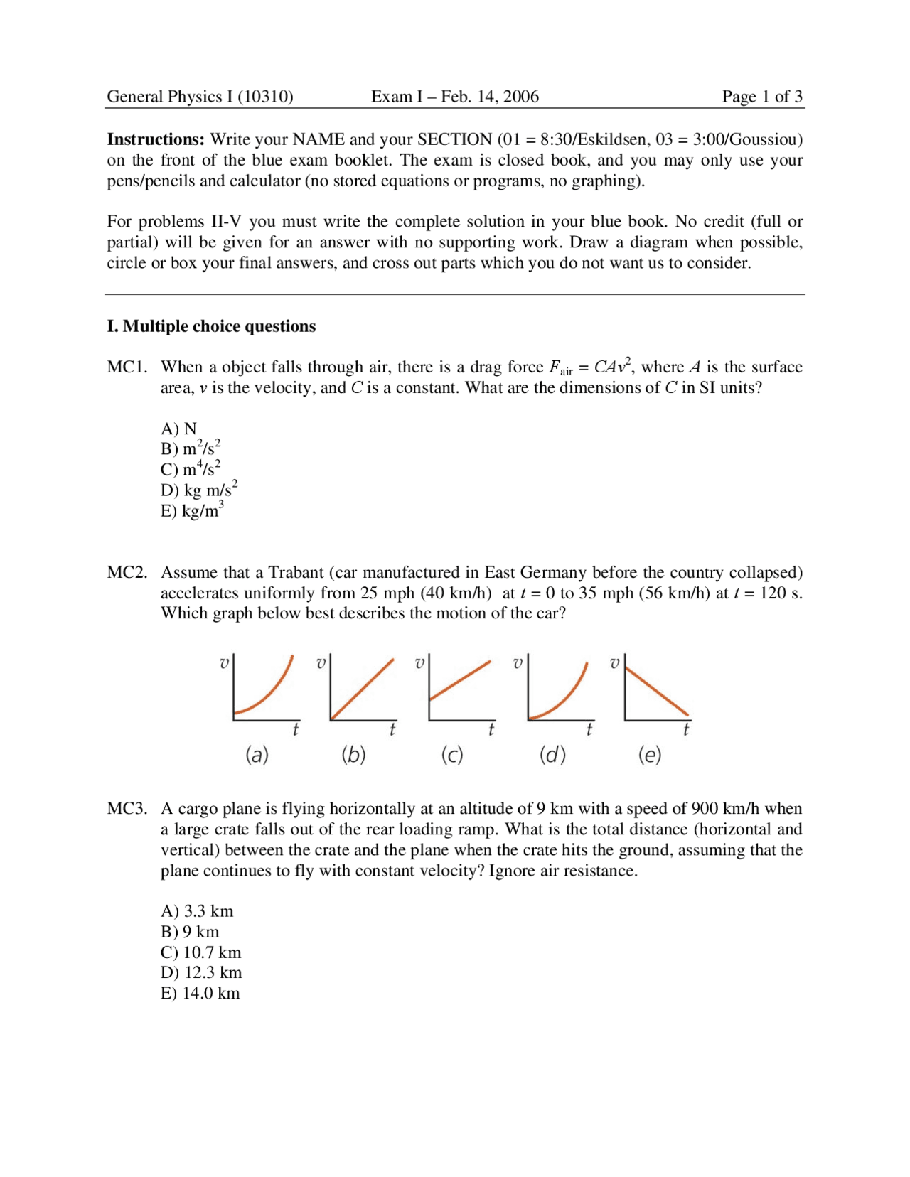 Exam 1 Unsolved Questions General Physics I Phys 10310 Docsity