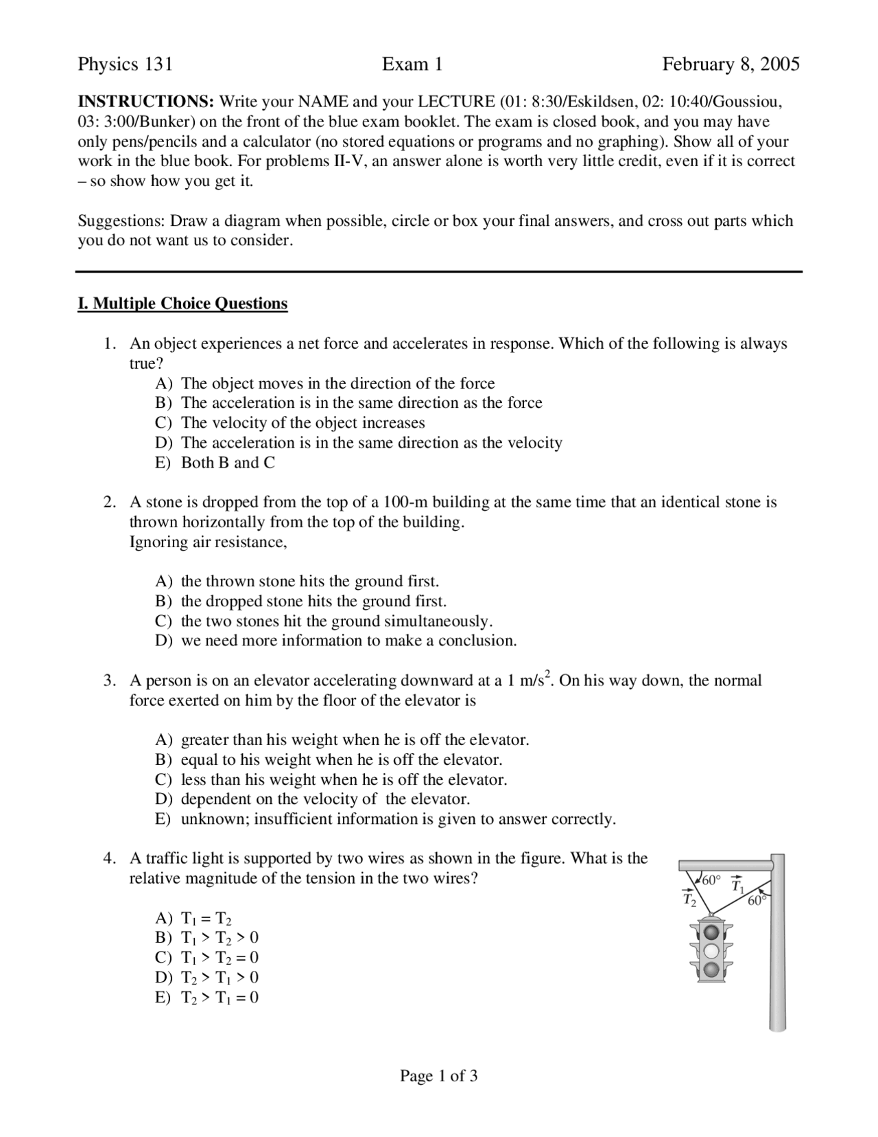 General Physics I Exam 1 Questions Fall 2005 Phys 10310 Docsity