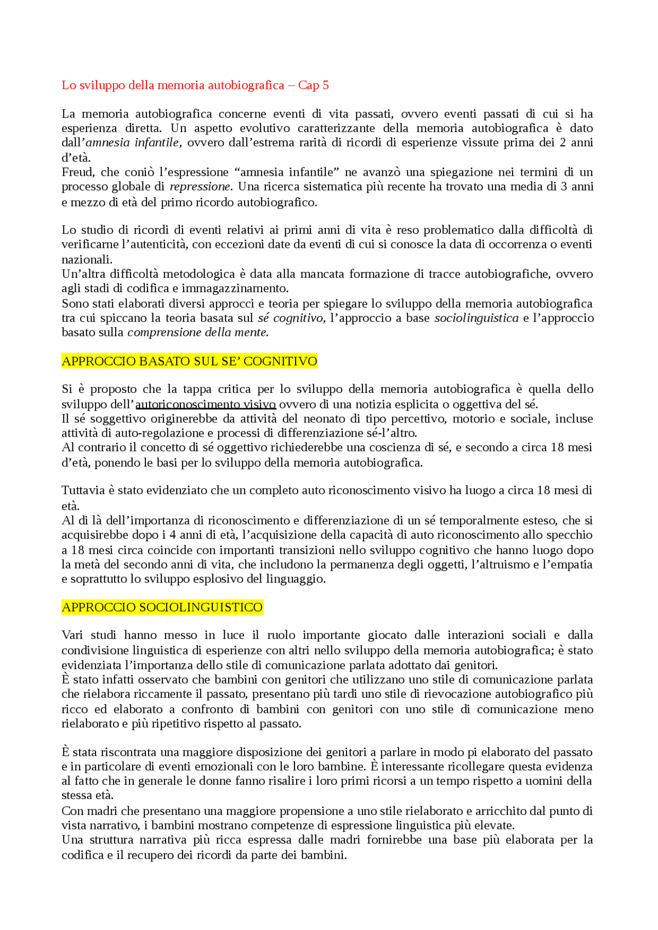 La Memoria Nello Sviluppo Cognitivo Docsity