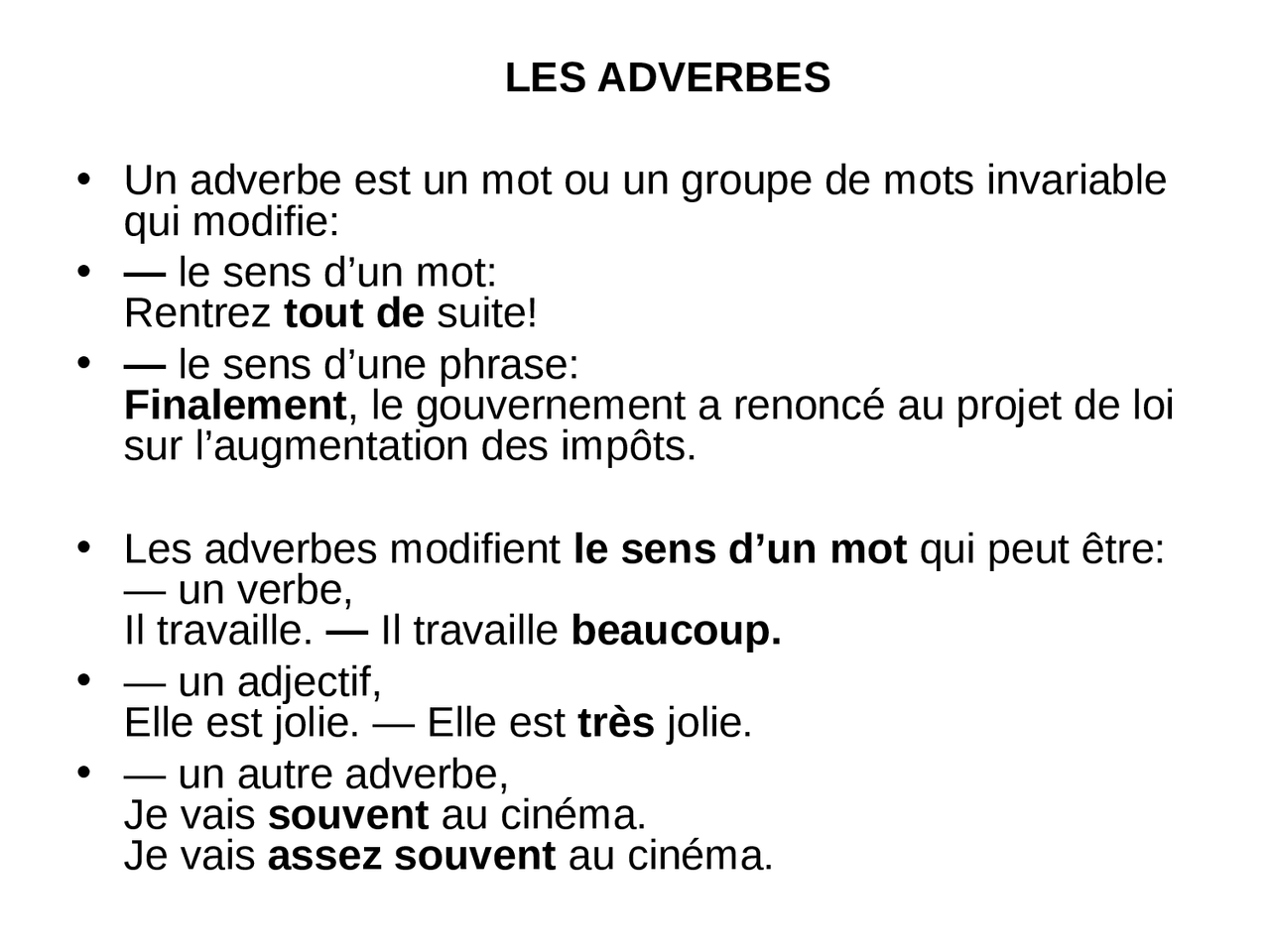 Les adverbes en française. - Docsity