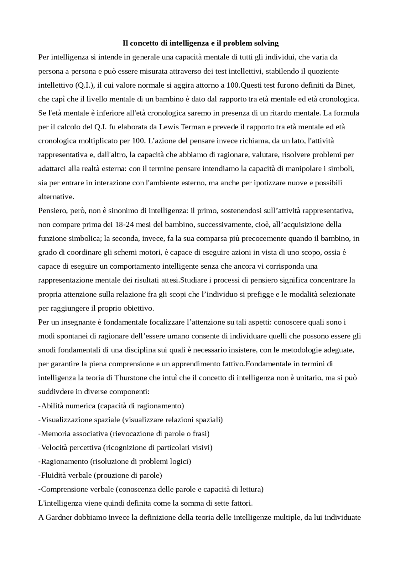 Il Concetto Di Intelligenza E Il Problem Solving Docsity