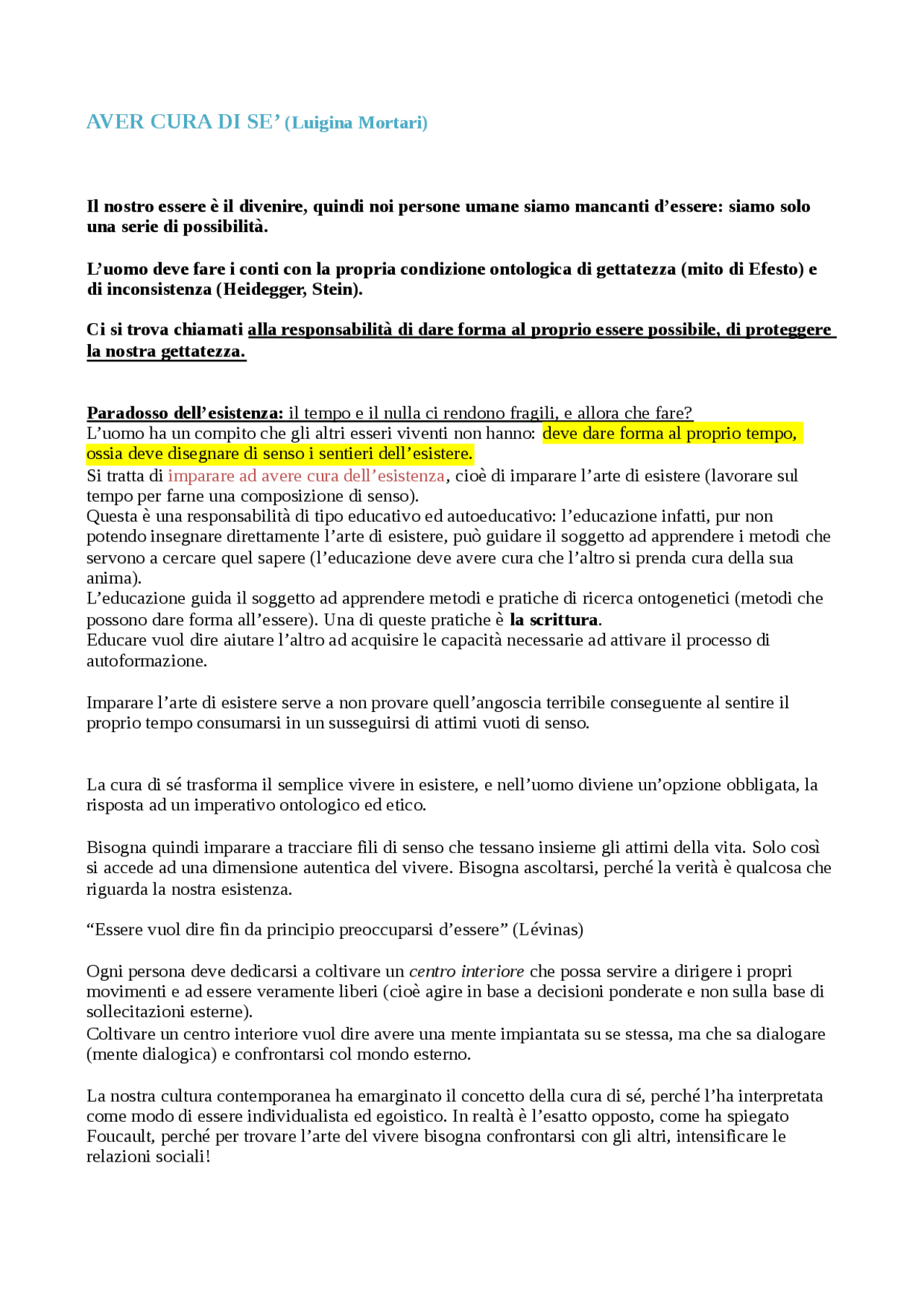 Riassunto Di Aver Cura Di Sé Docsity
