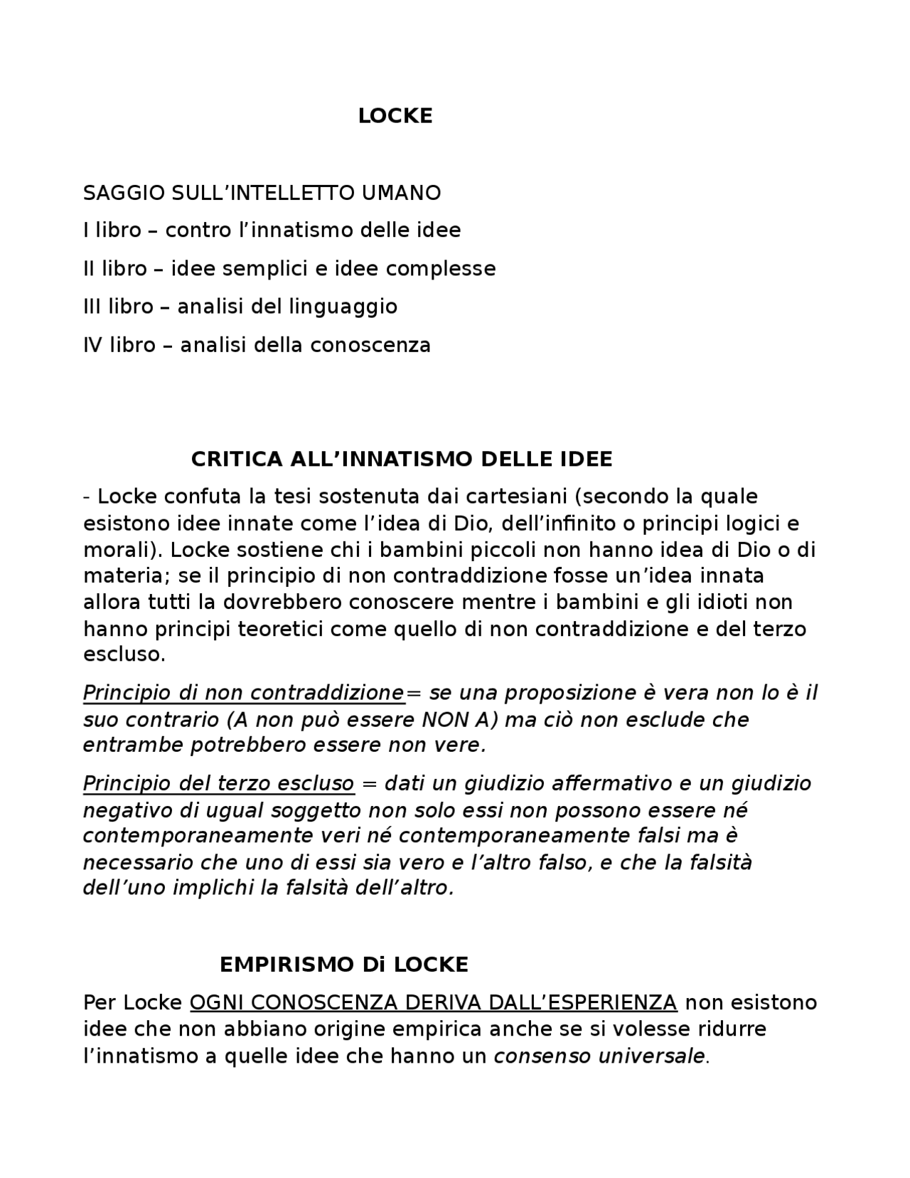 Elaborazione E Riassunto Di Appunti Sul Filosofo Locke Docsity