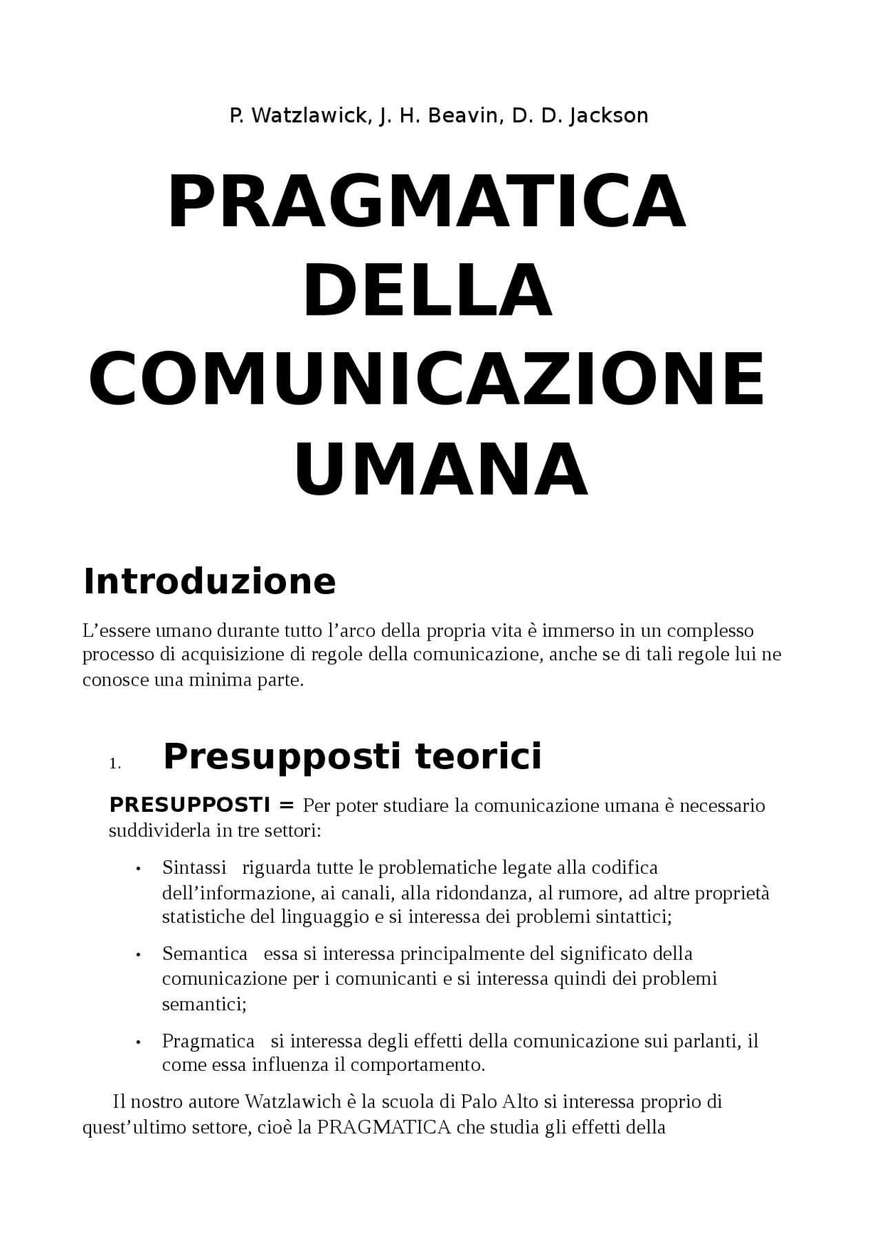 Watzlawick Pragmatica Della Comunicazione Umana Docsity