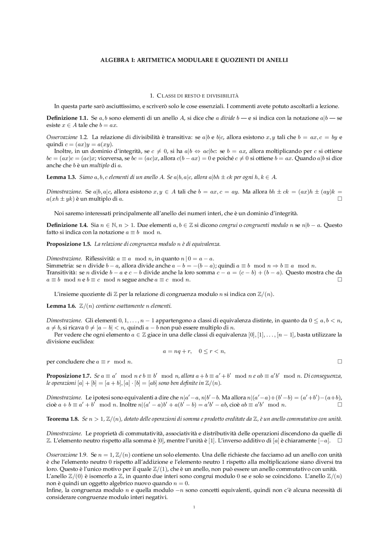 Algebra Modulare E Quozienti Di Anelli Docsity