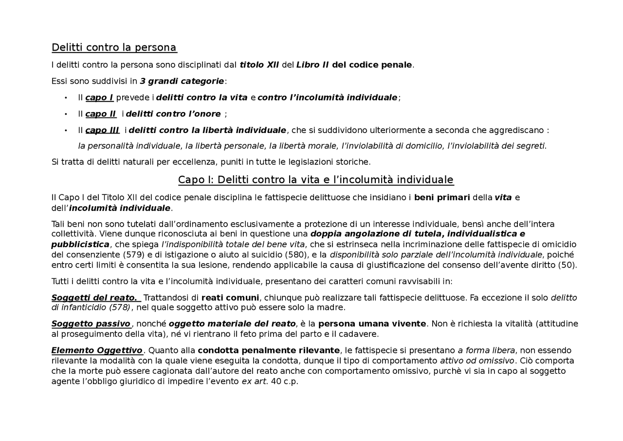 Delitti Contro La Persona Docsity