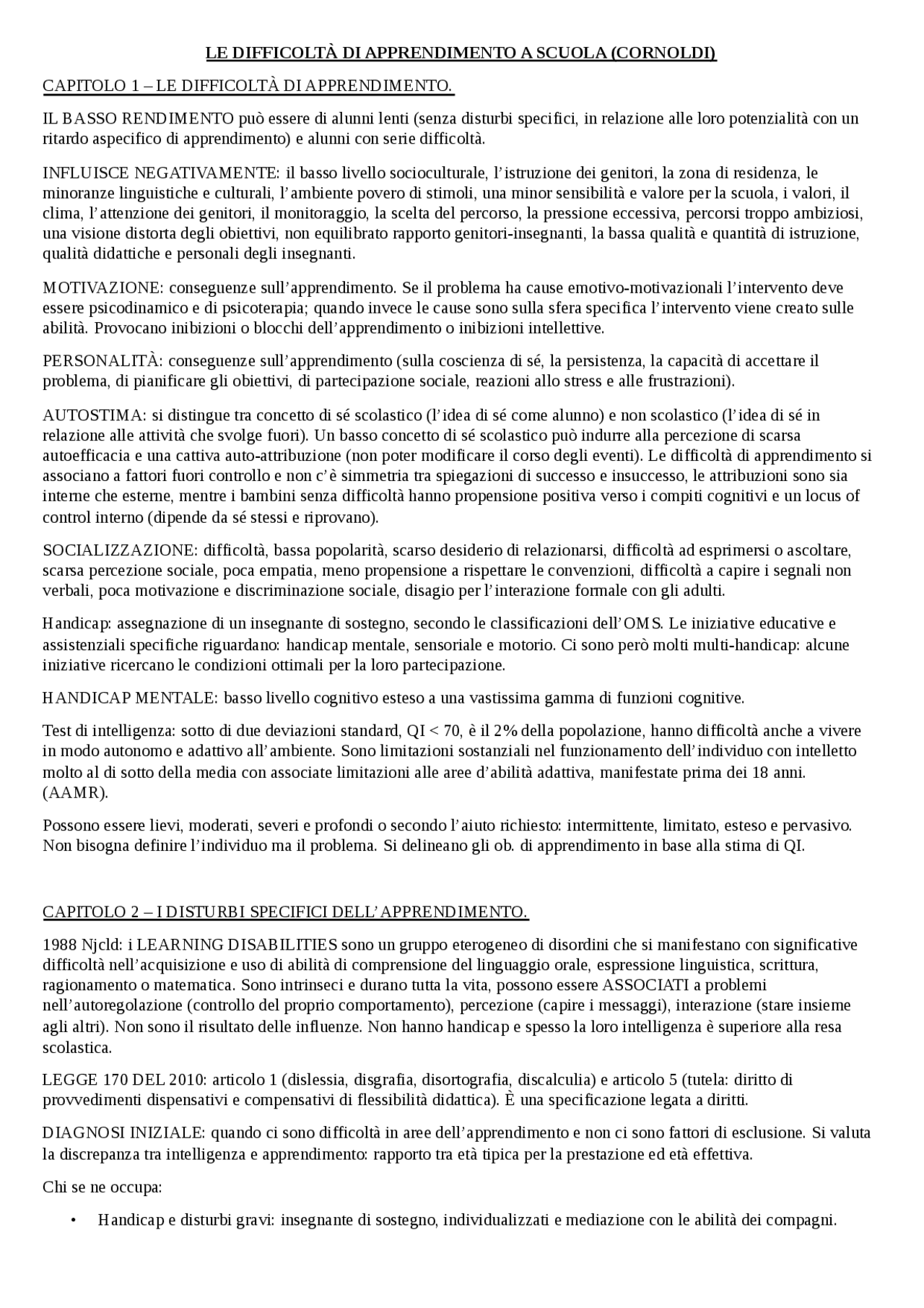 Le Difficoltà Di Apprendimento A Scuola Sintesi Del Corso Di
