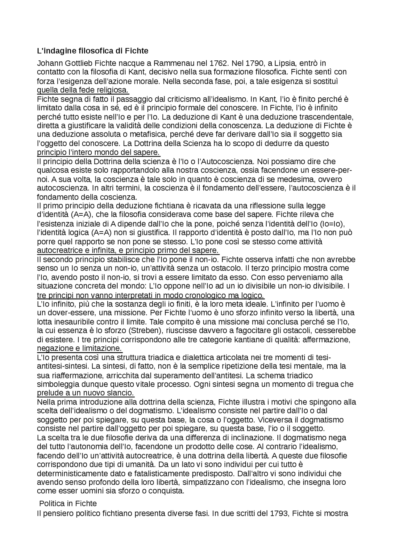 Breve Riassunto Della Filosofia Di Fichte Docsity